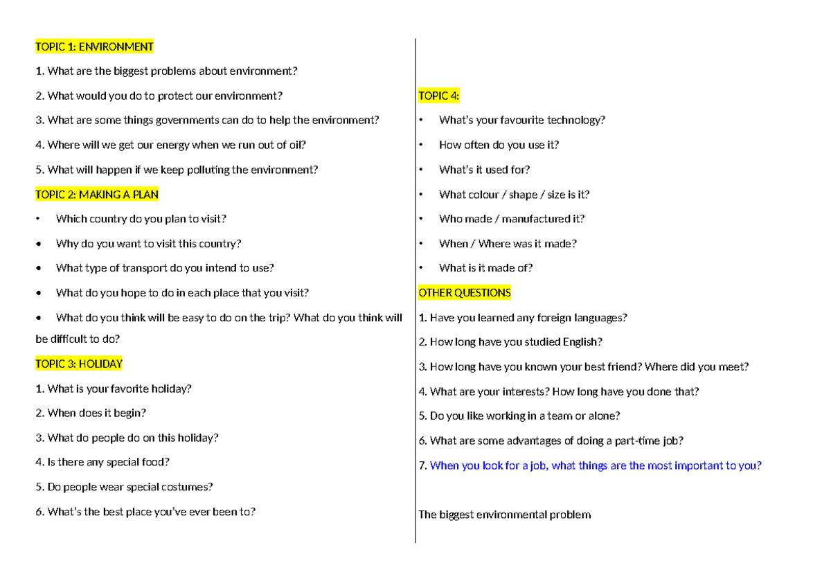Midterm - Speaking Questions on Environment & Travel Topics - Studocu