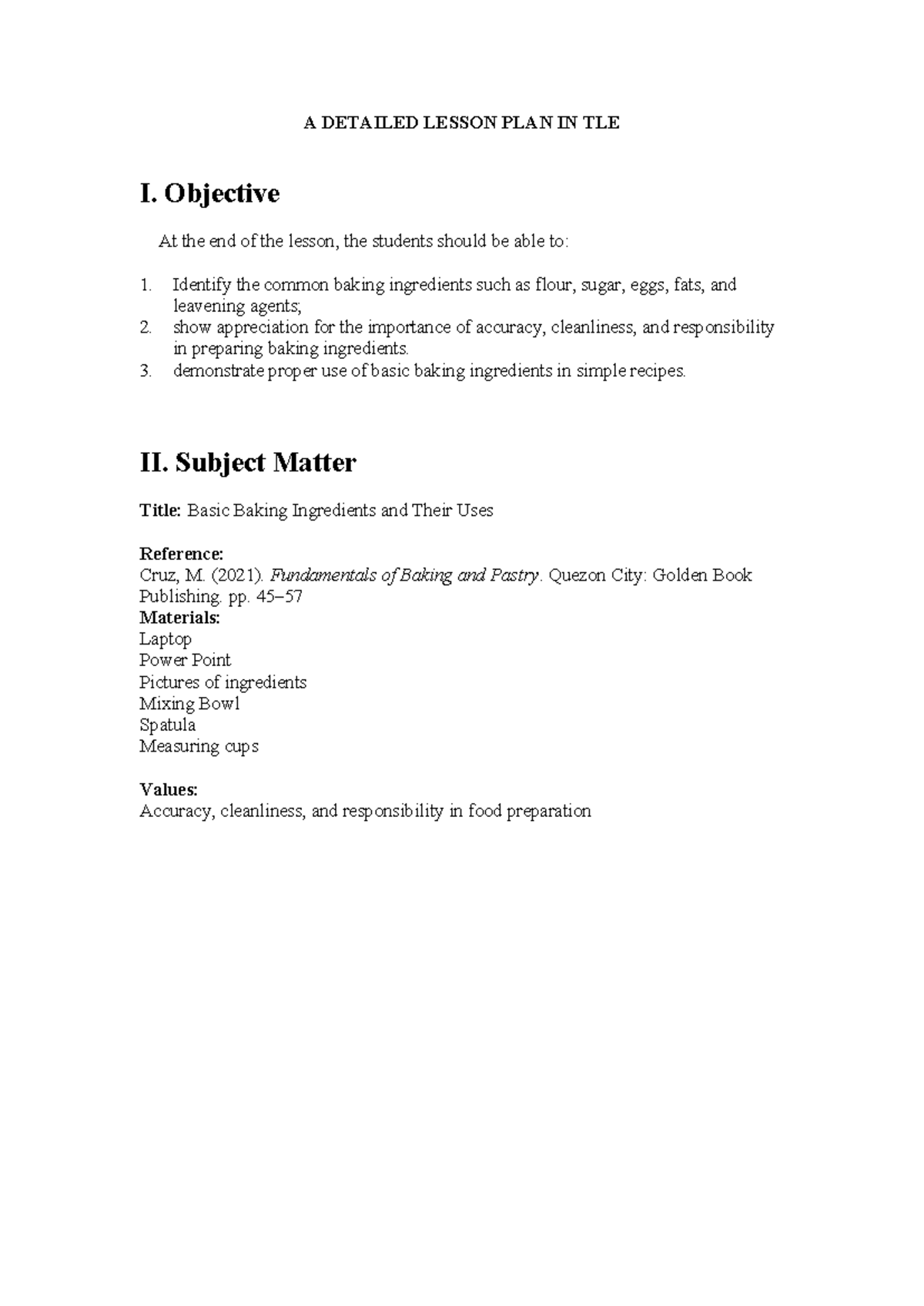 Detailed Lesson Plan on Basic Baking Ingredients (TLE I) - Studocu