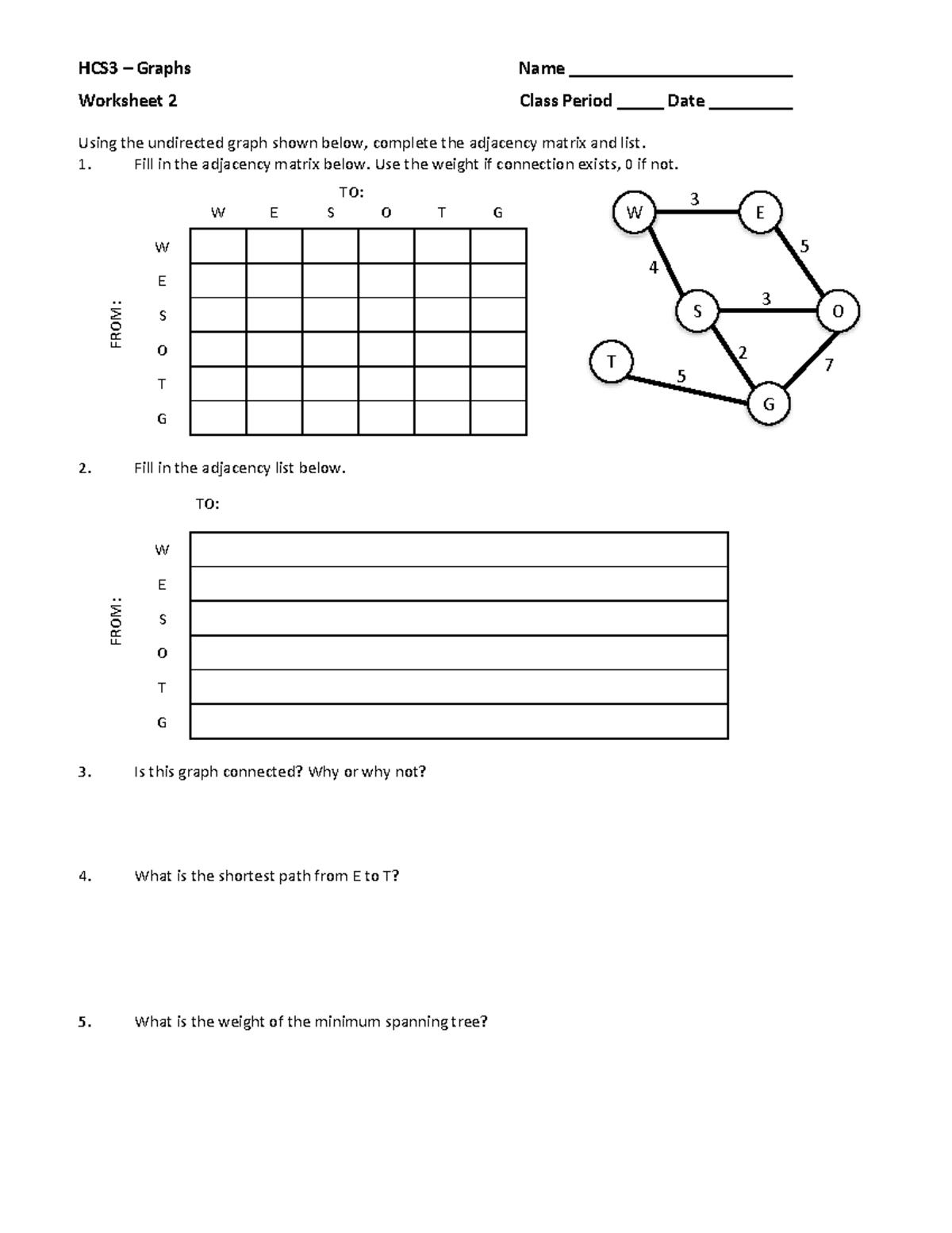 Computer Science Worksheet 2 - HCS3 – Graphs Name ...