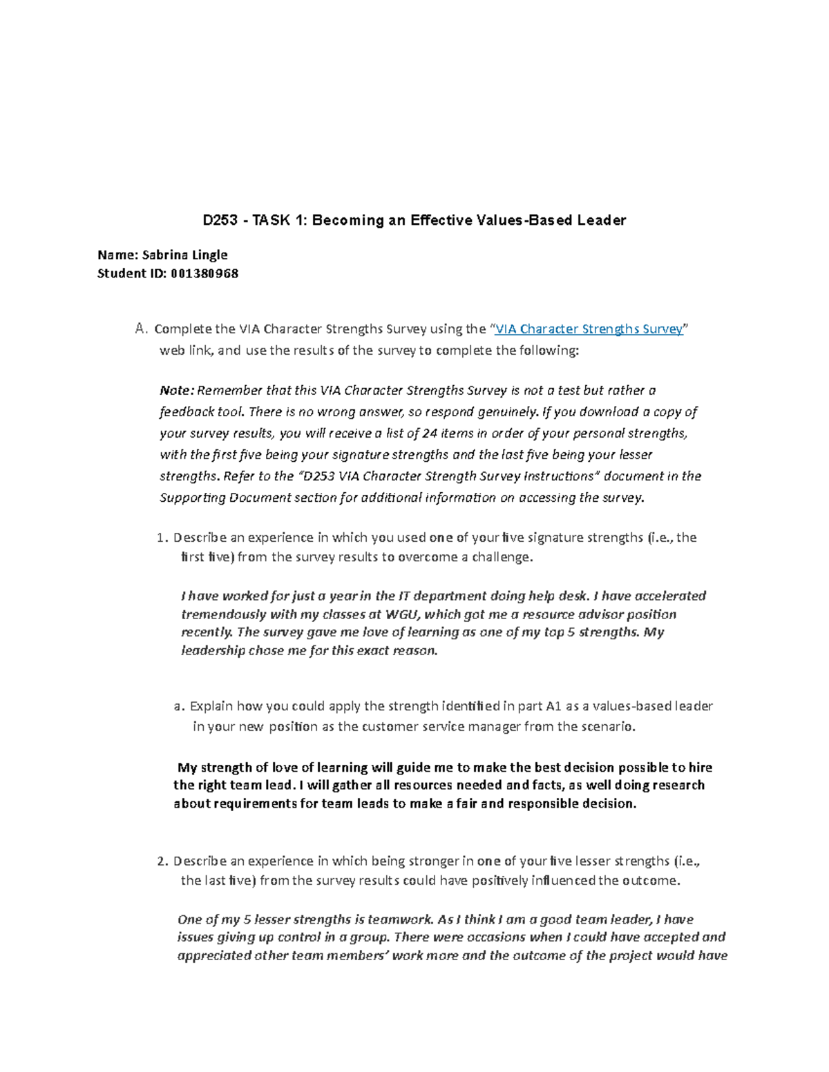 D253 Task 1: Values-Based Leadership Strengths Analysis - Studocu