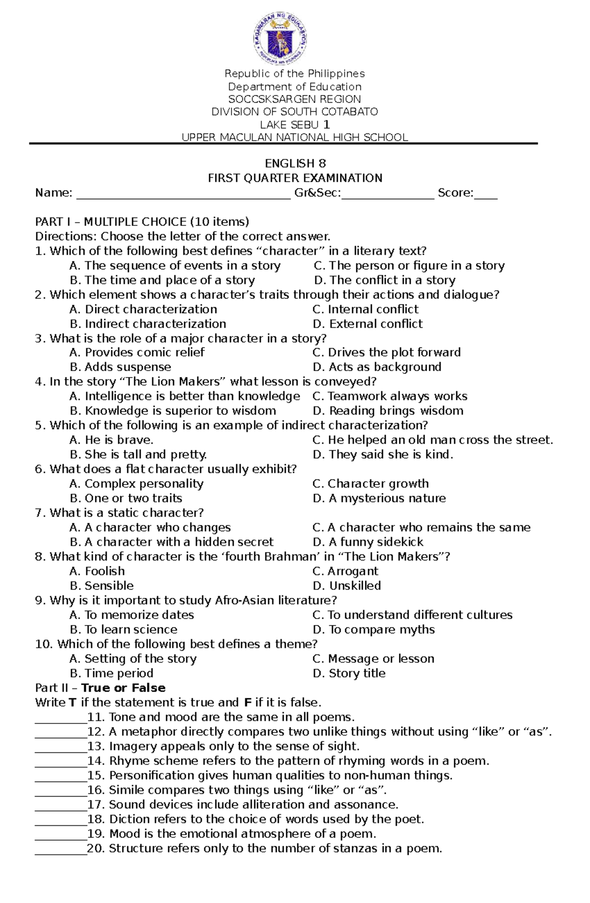 English 8 First Quarter Exam: Literary Concepts & Analysis - Studocu