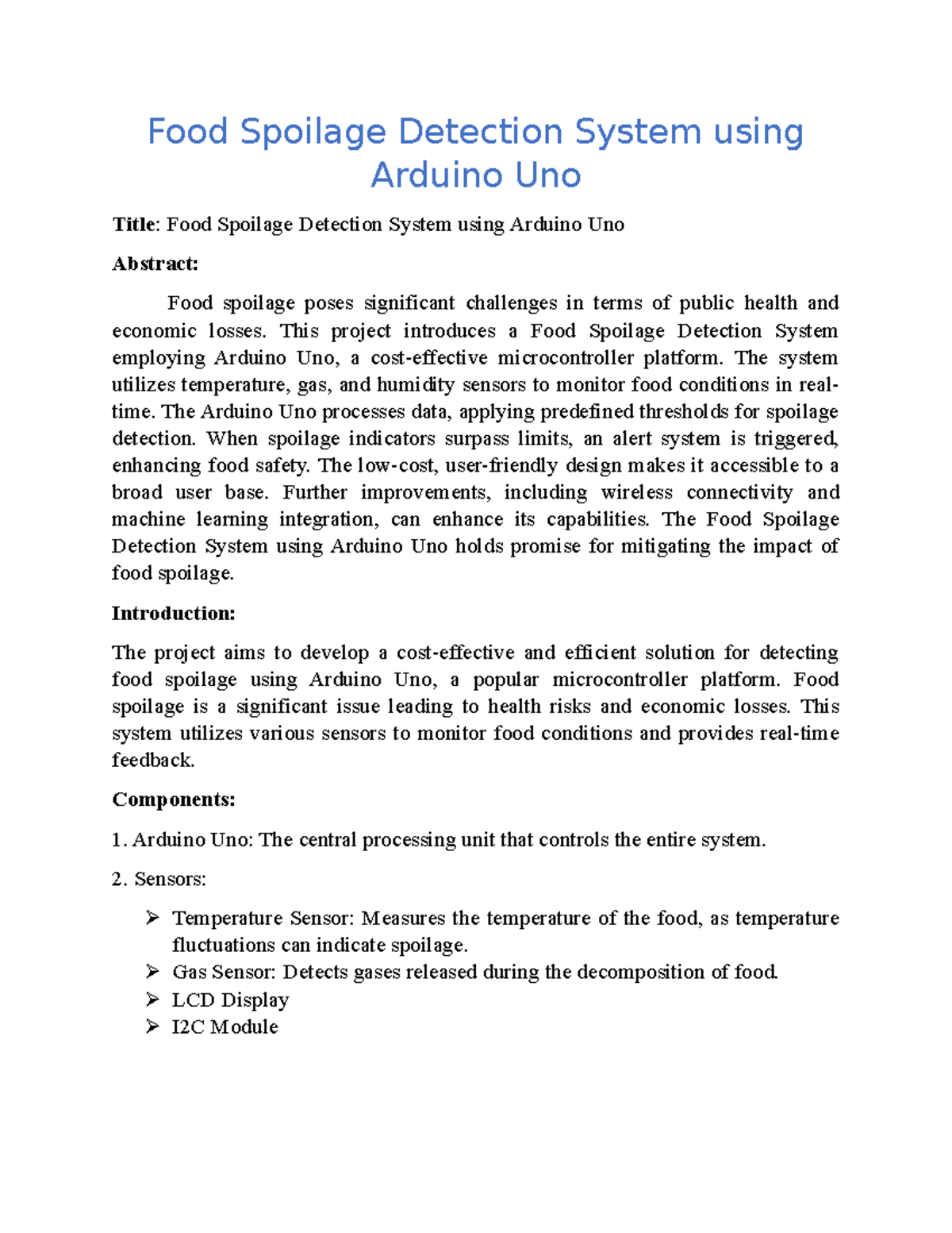 FOOD 499: Food Spoilage Detection Using Arduino Uno System - Studocu