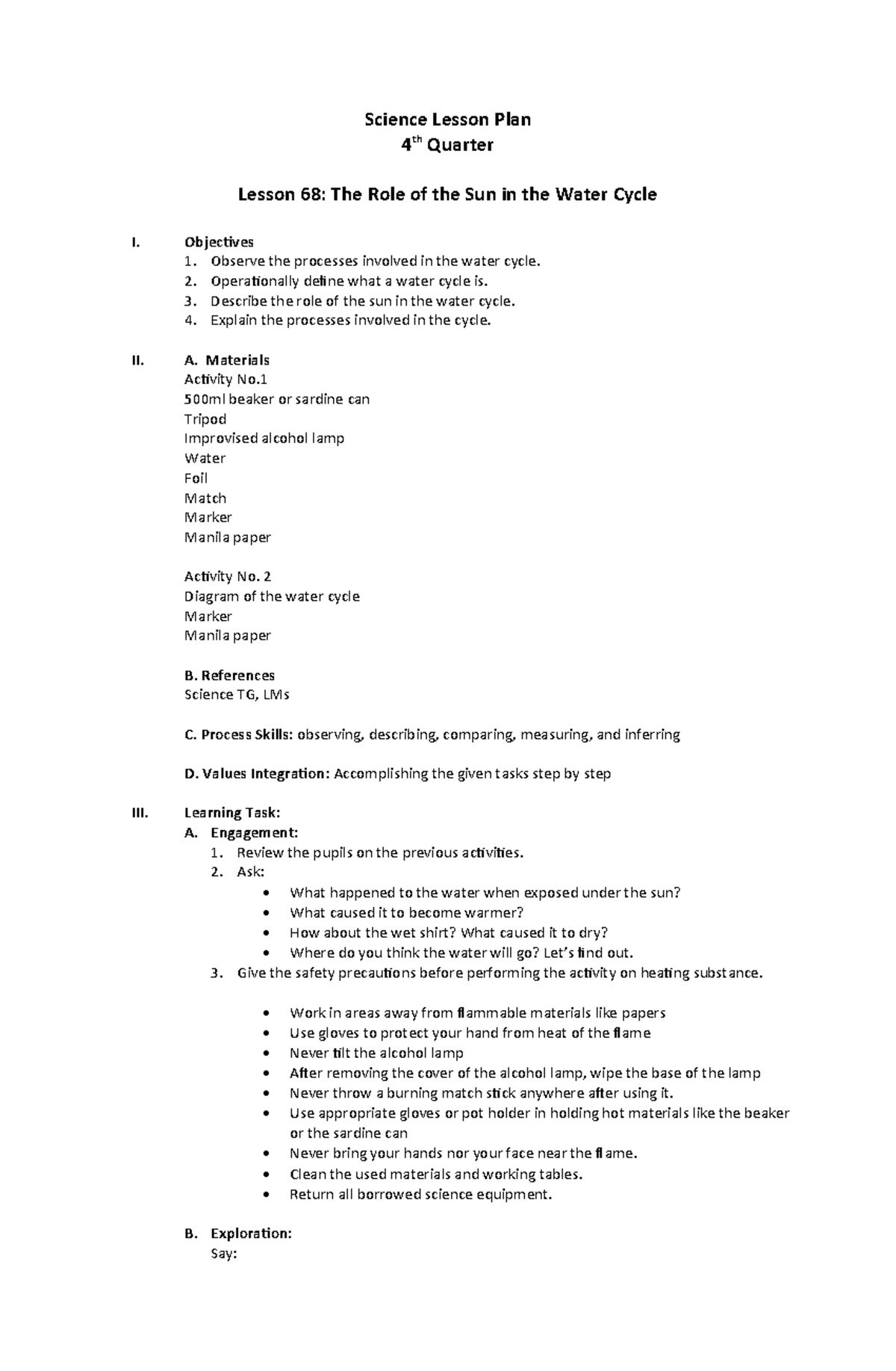 Science Lesson Plan: Role of the Sun in the Water Cycle (Q4, Lesson 68 ...