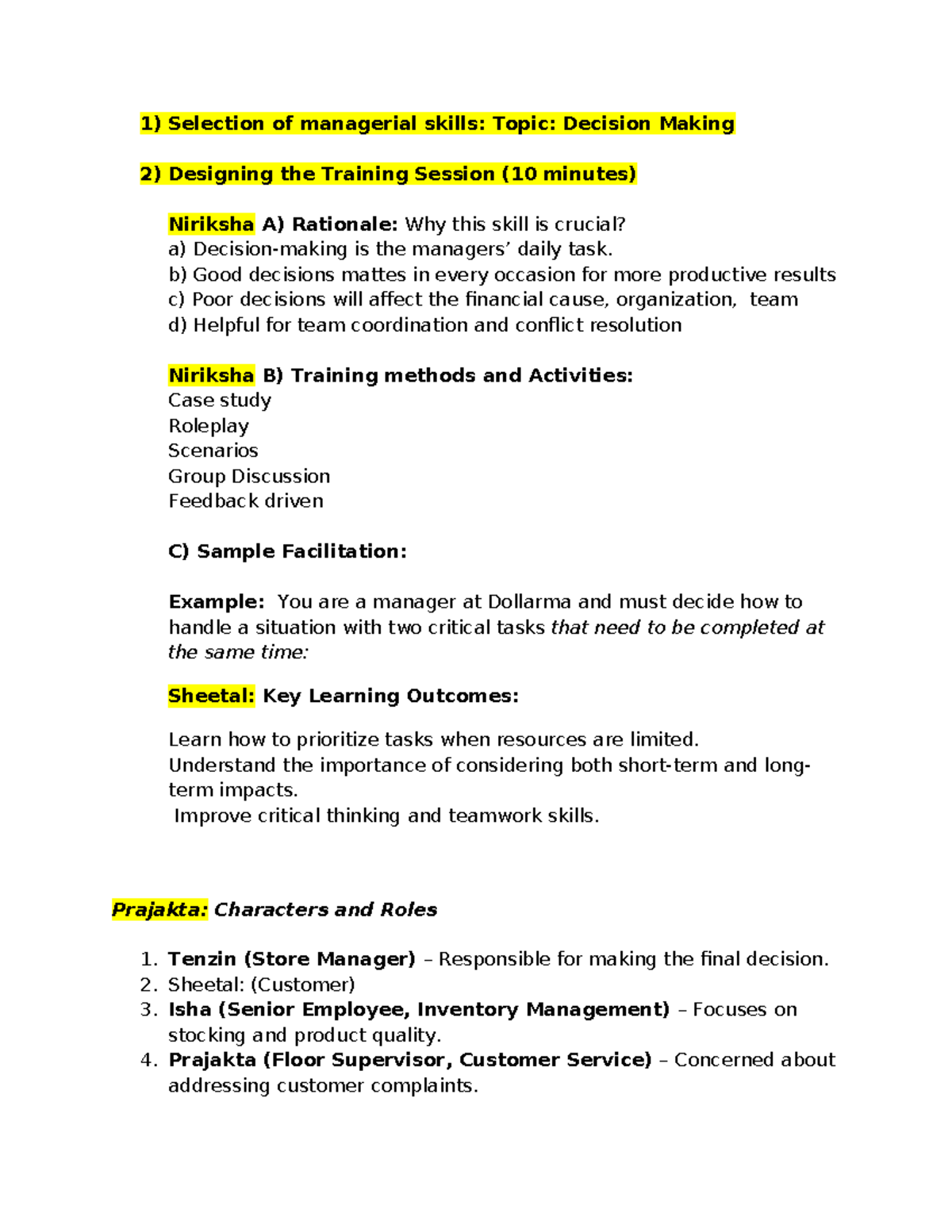 Managerial Skills Training: Decision Making Activity Outline - Studocu