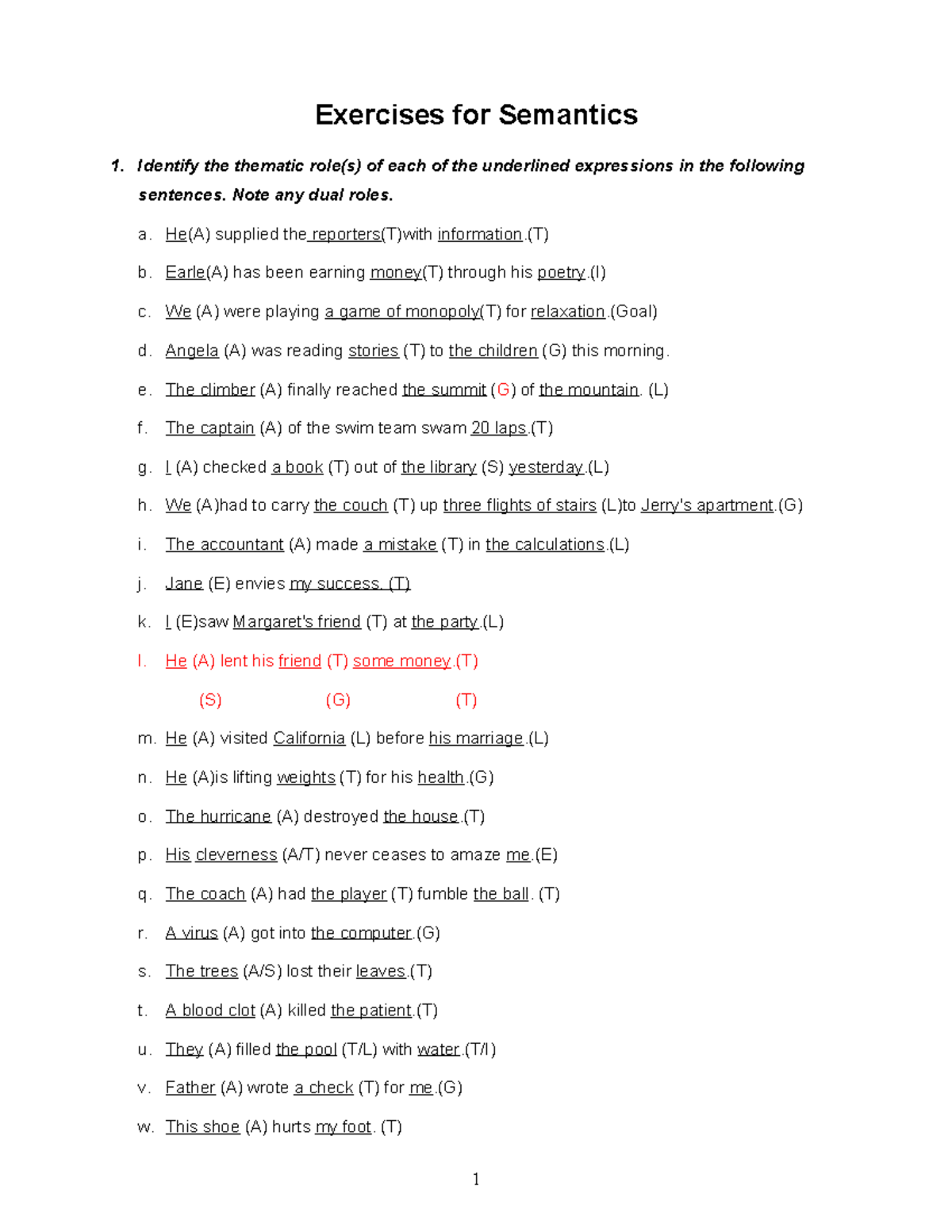 Semantics Exercises: Thematic Roles, Synonyms, and Word Relationships ...