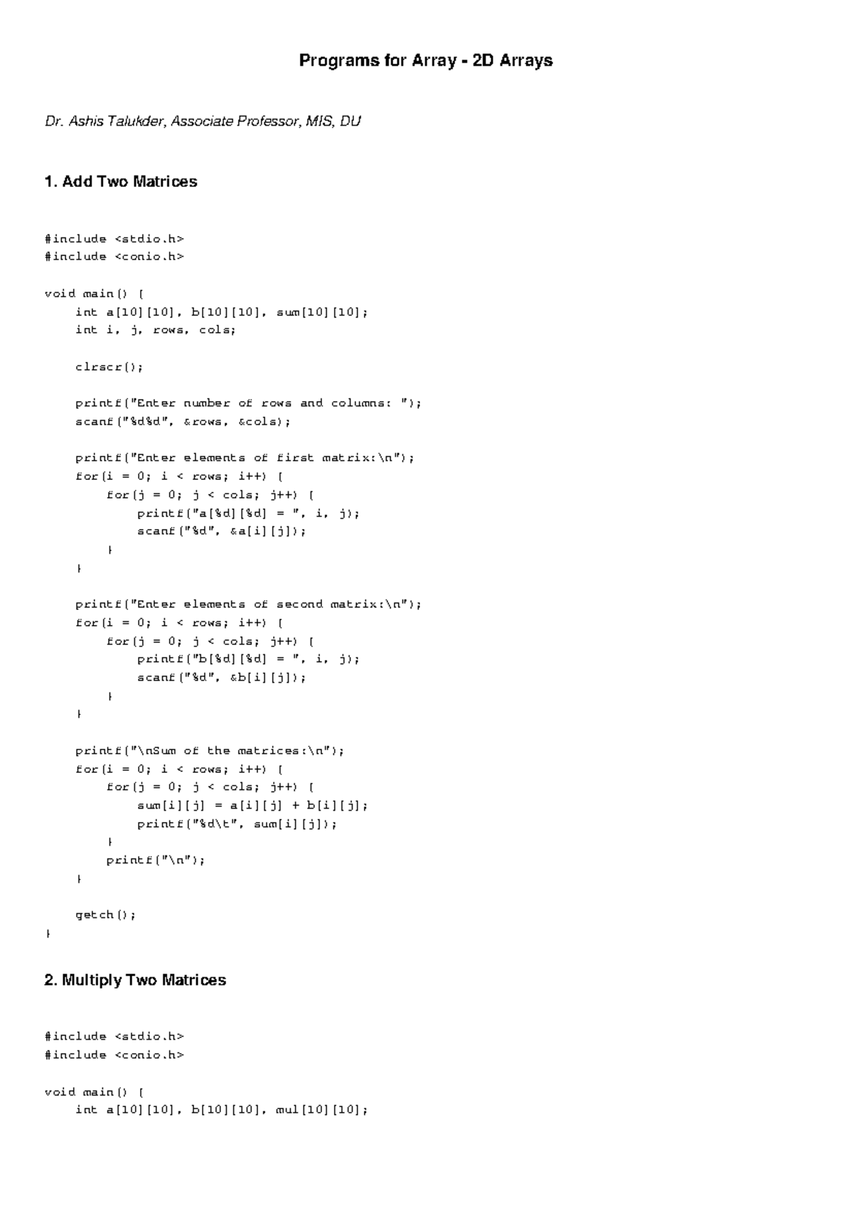 2D Array Programs in Turbo C - Final Exam Notes - Studocu