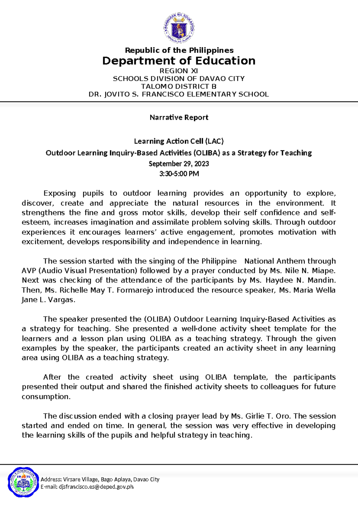 Narrative Report LAC - notes for learning teaching strategies ...