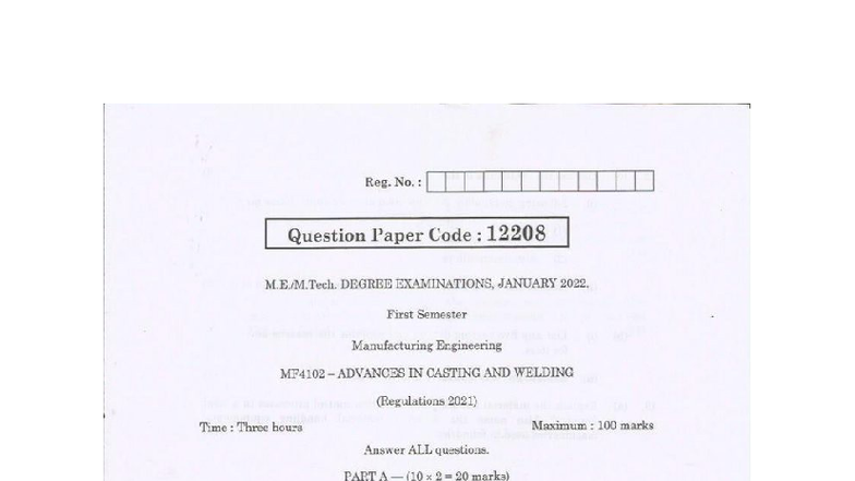 MF4102 - Advance Casting and Welding - Comprehensive Question Paper ...