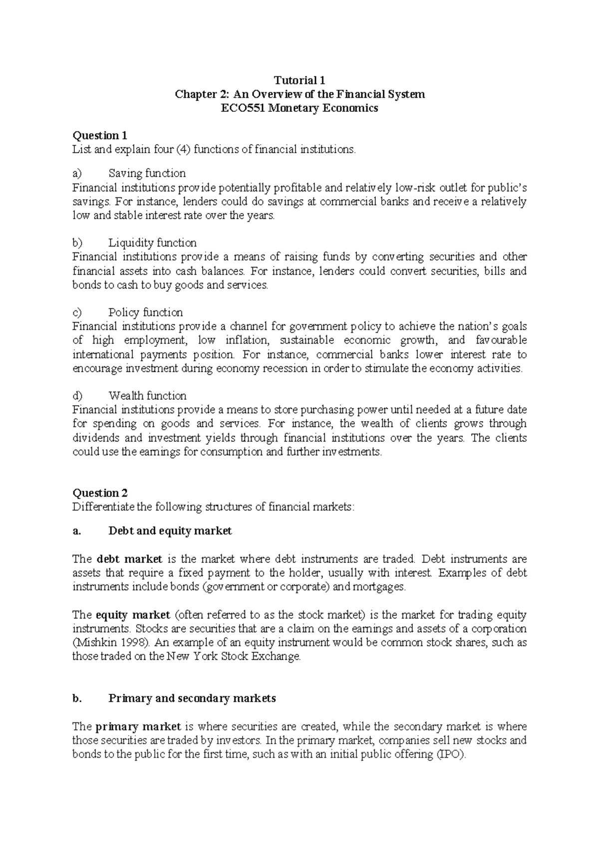 ECO531 Monetary Theory and Policy: Tutorial 1Question and Answer (Chapter 1) - Tutorial 1 ...