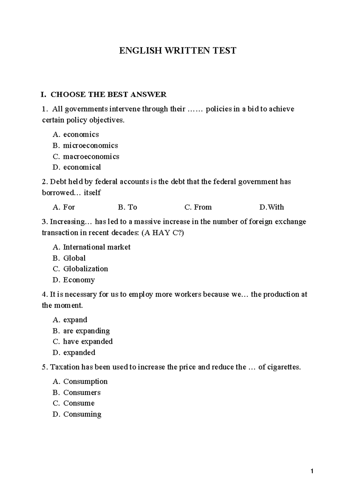 ENGLISH WRITTEN TEST: Economics Concepts & Taxation Insights - Studocu