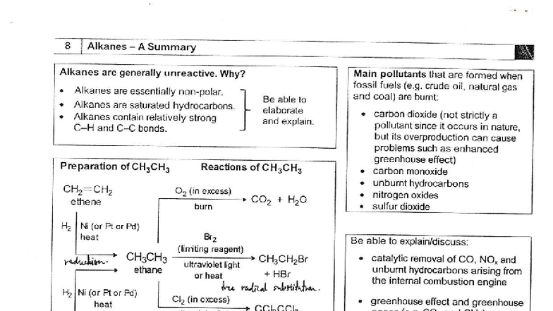 Alkanes Summary: Key Concepts and Reactions (Chem 101) - Studocu
