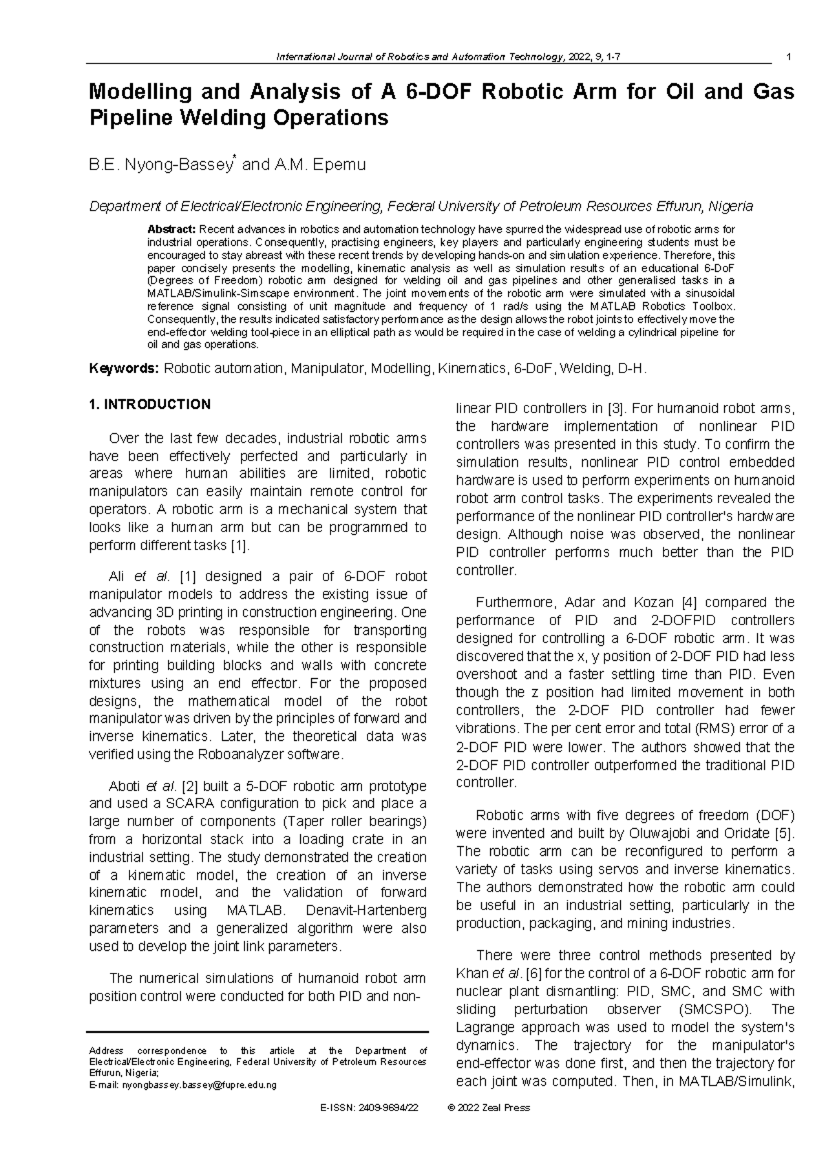 Modelling and Analysis of a 6 DOF Robotic Arm for Oil and Gas ...