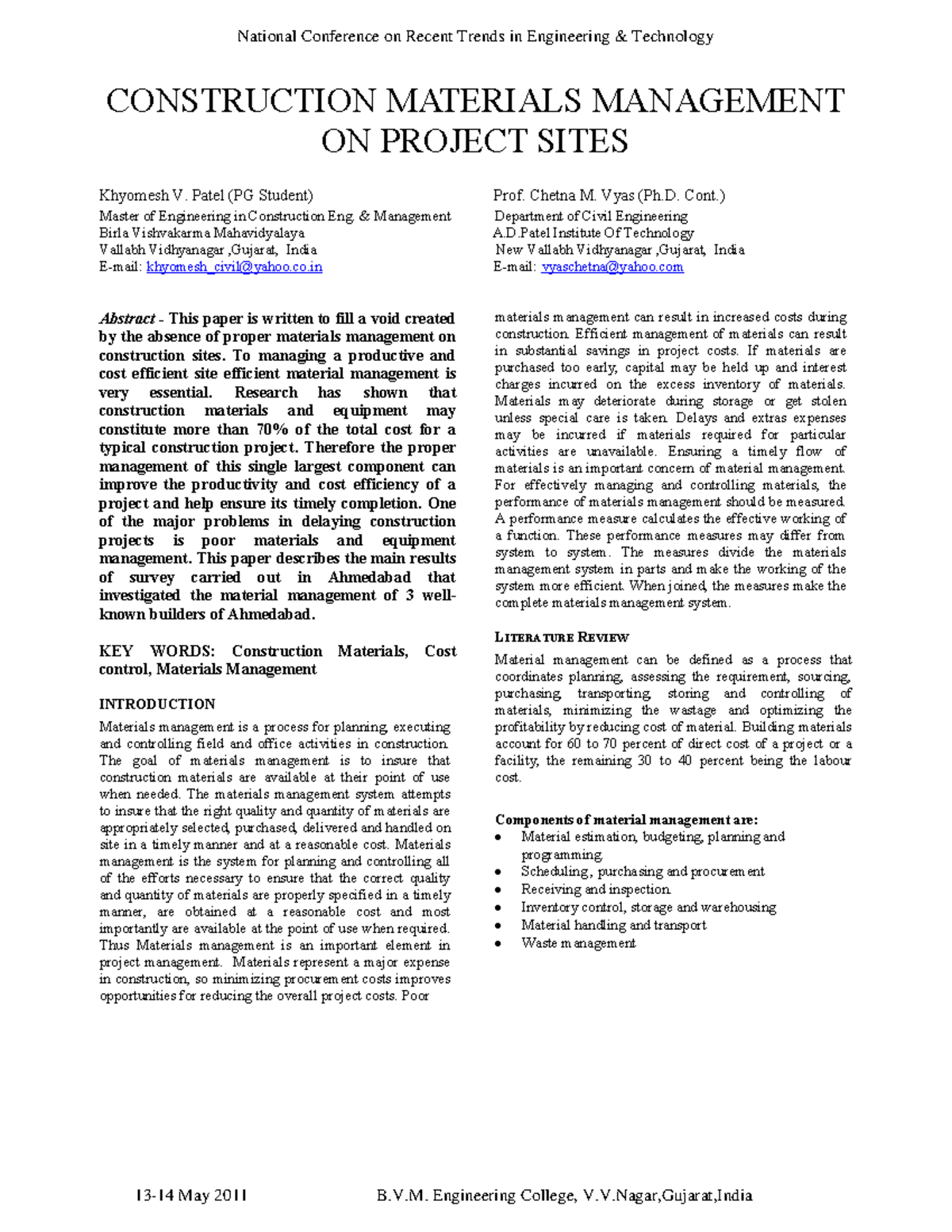 101002 - Practical work - CONSTRUCTION MATERIALS MANAGEMENT ON PROJECT ...