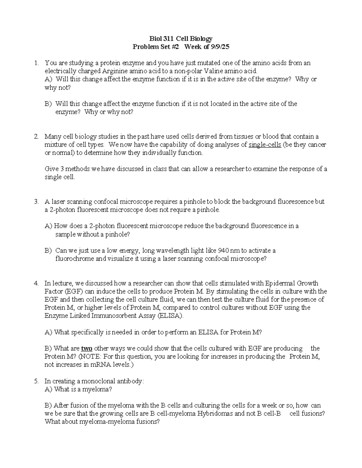 Biol 311 Cell Biology Problem Set #2 F25 - Enzyme Function & Methods ...