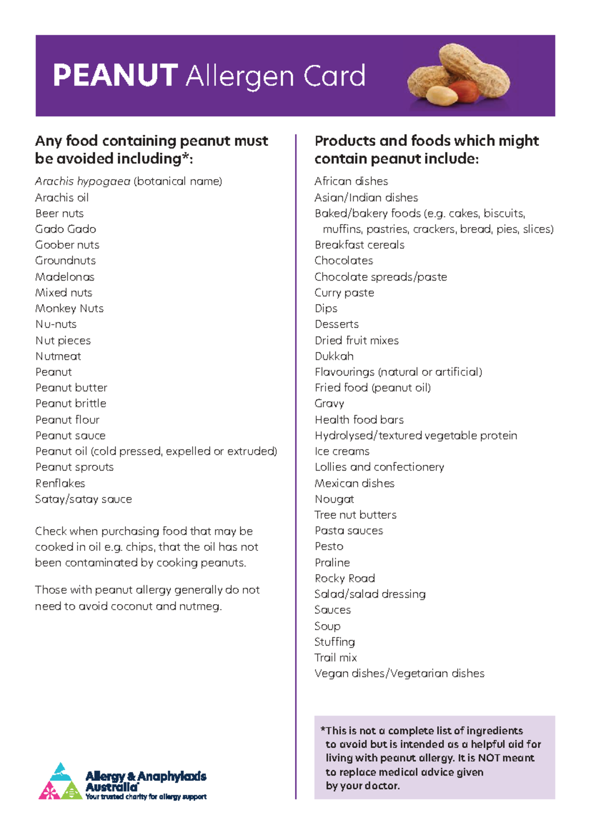 PEANUT Allergy Safety Card: Foods to Avoid and Management Tips - Studocu