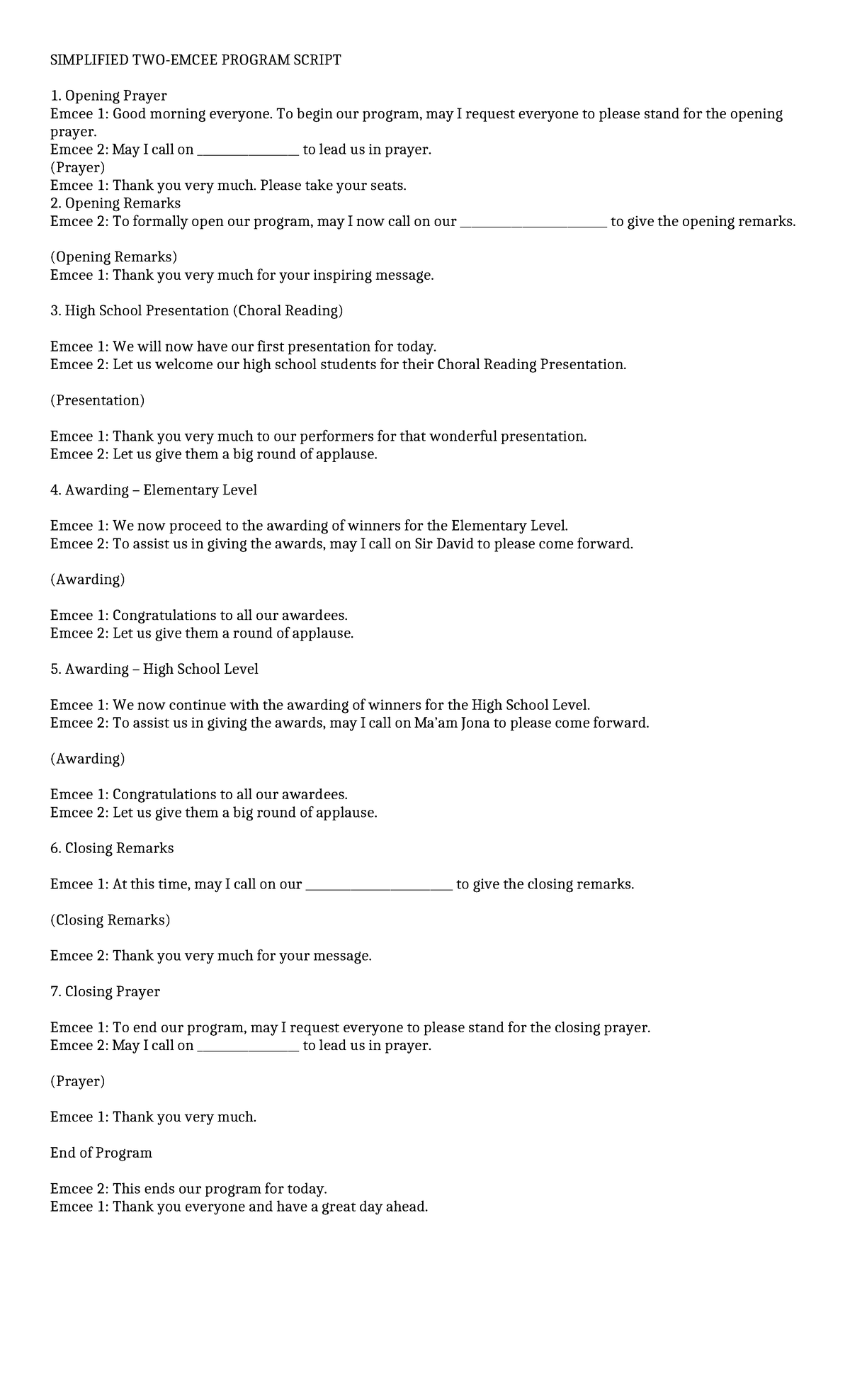 Two Emcee Program Script: Opening & Closing Ceremony - Studocu