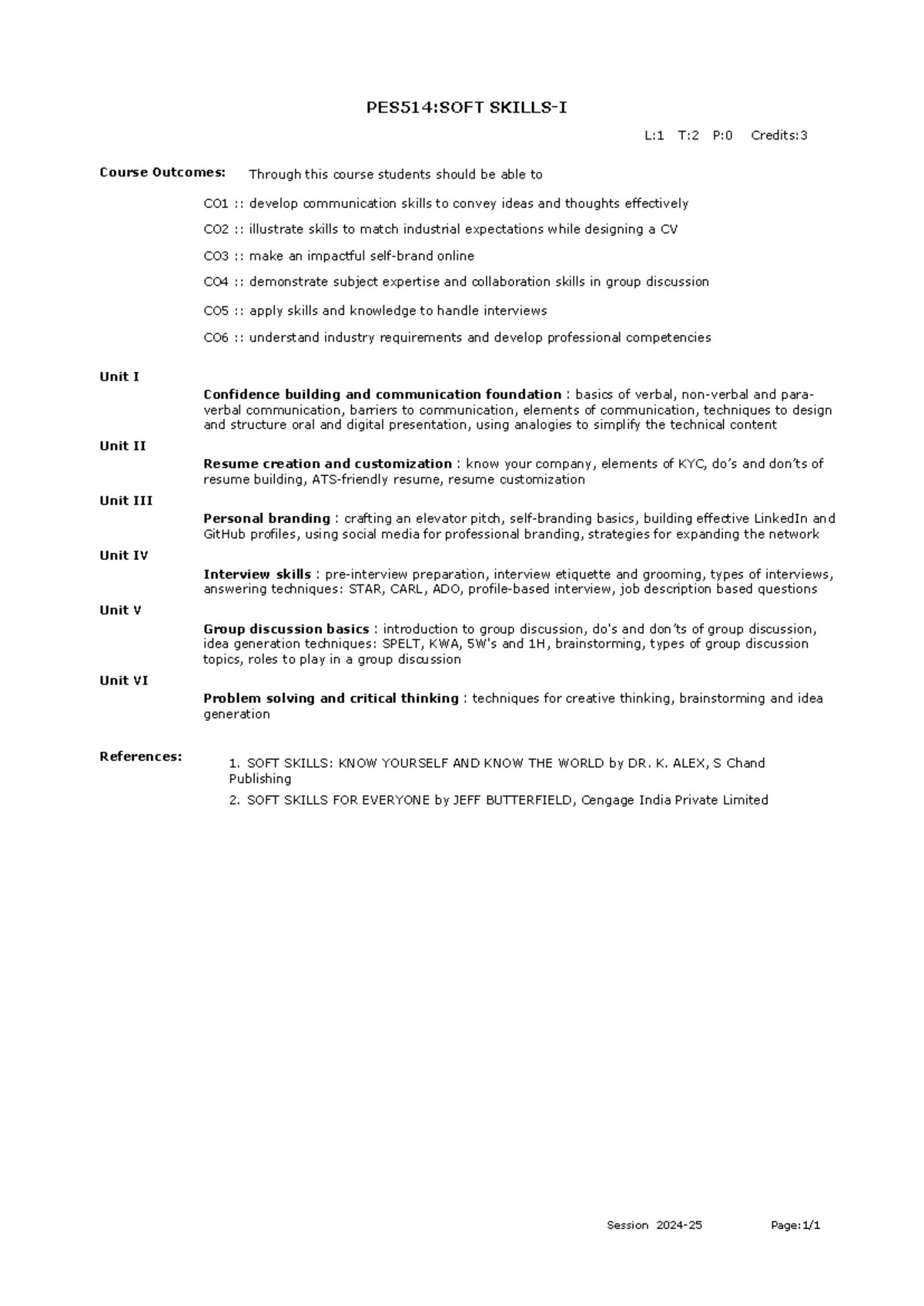 PES514: Soft Skills Course Outcomes and Key Concepts - Studocu
