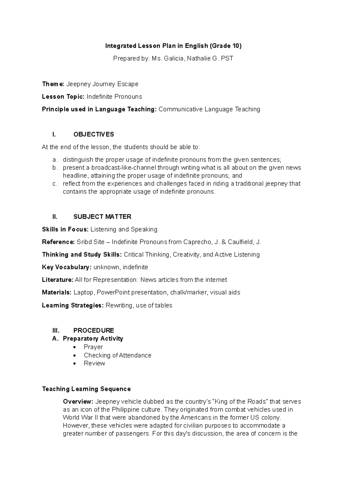 Integrated Lesson Plan in English 10 IP - Integrated Lesson Plan in ...