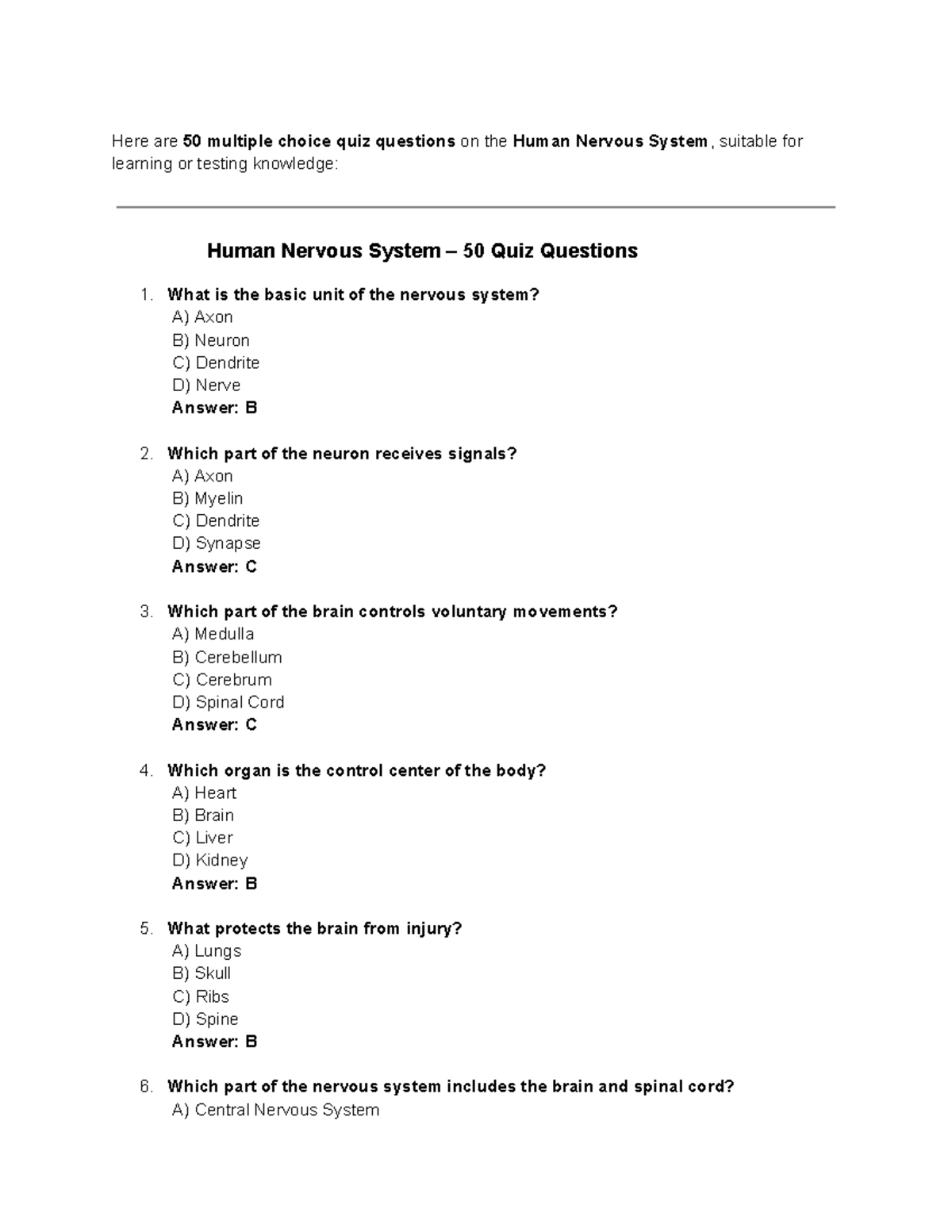 Human Nervous System Quiz: 50 MCQs for Study and Review - Studocu