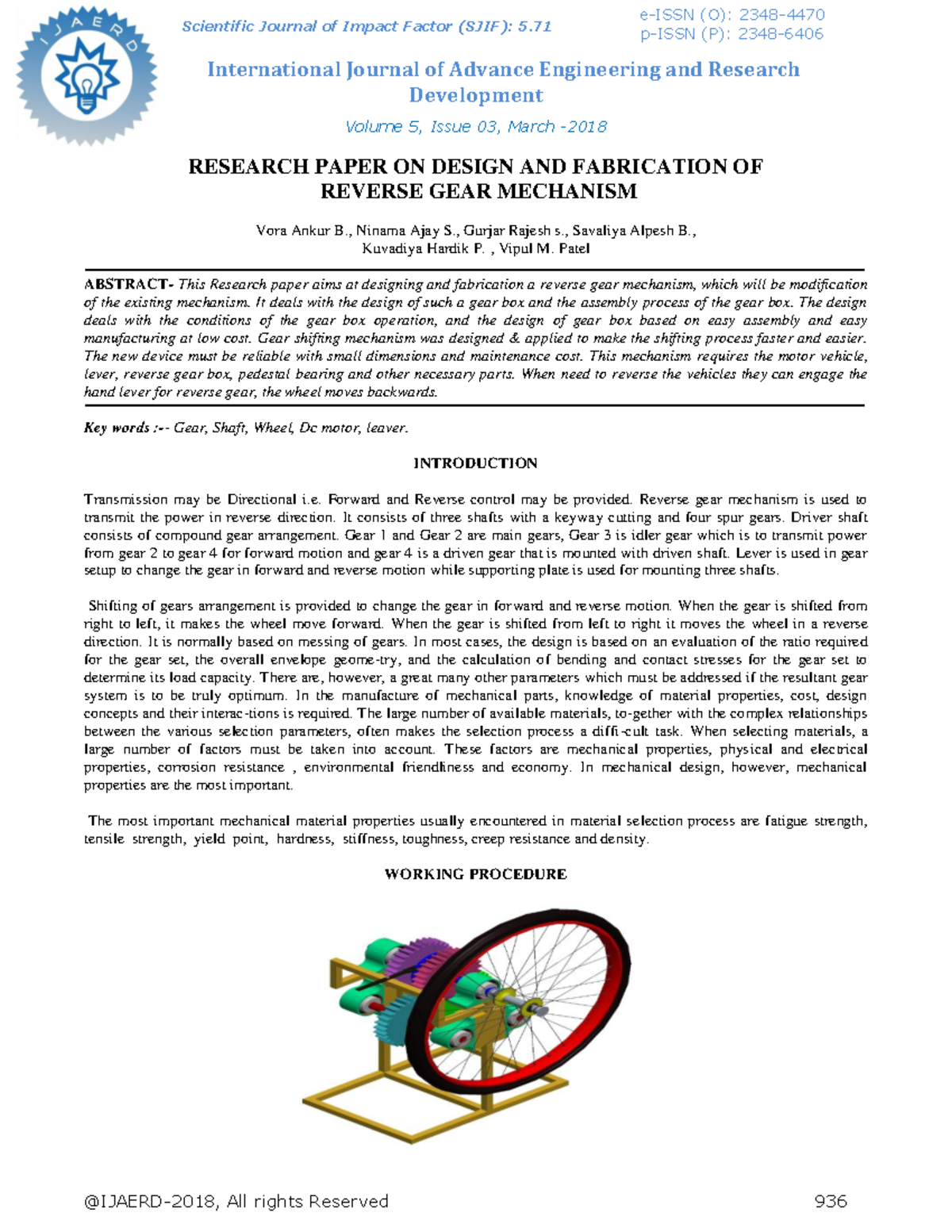 Research Paper on Design & Fabrication of Reverse Gear Mechanism ...