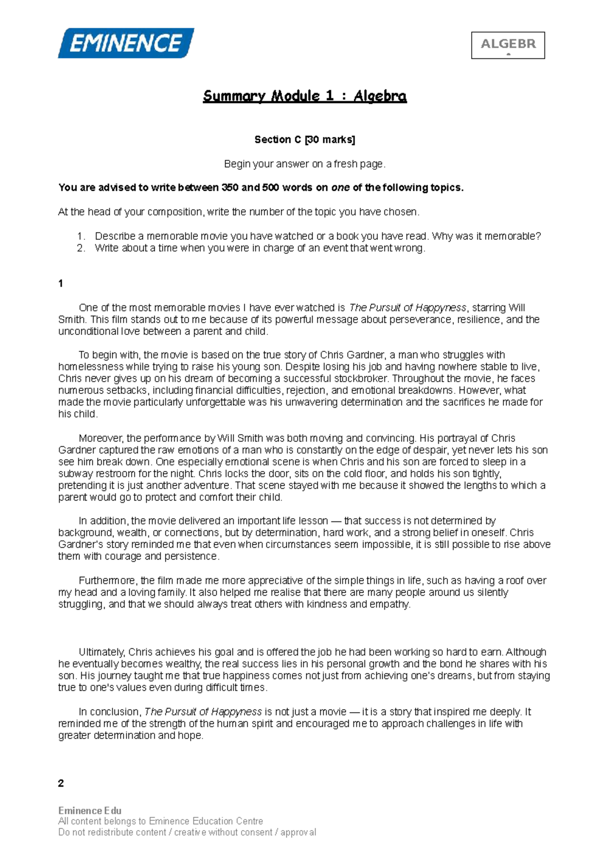 ALGEBR A Summary Module 1: Essay on Memorable Movie Experience - Studocu