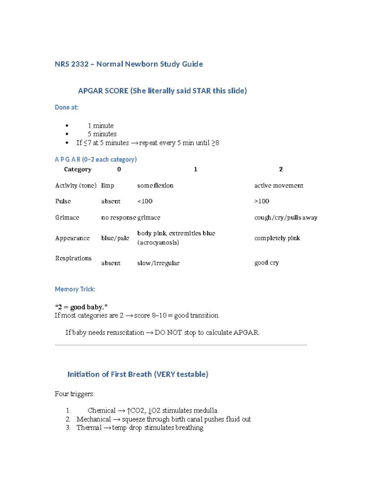 NRS 2332 Exam 5 Study Guide: Normal Newborn & APGAR Score Insights ...