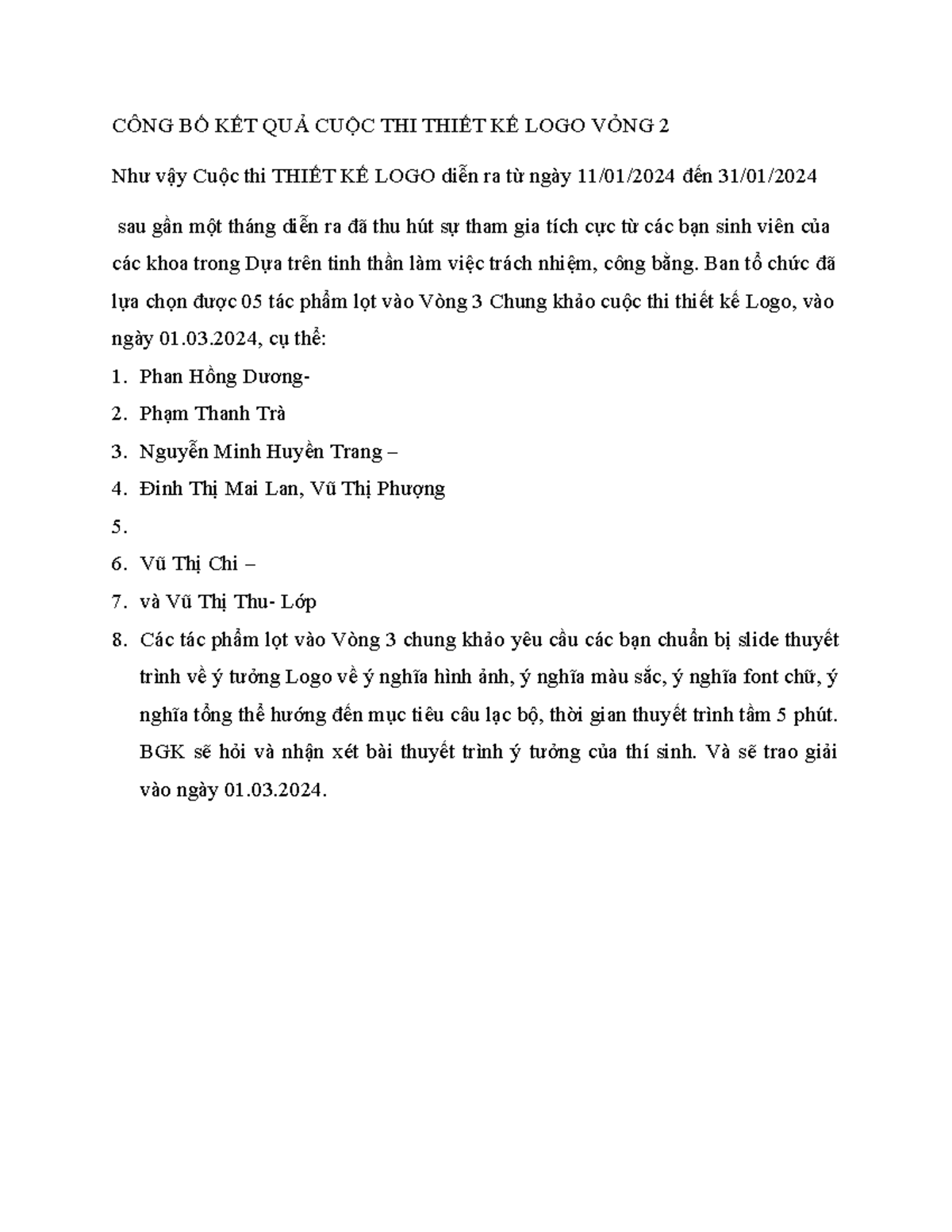 KẾT QUẢ VÒNG 3 CUỘC THI THIẾT KẾ LOGO 2024 - Studocu