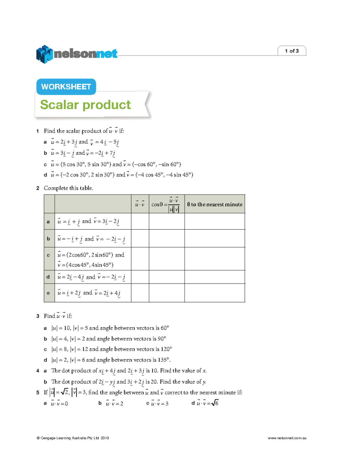 Scalar Product Worksheet - Practice for Vectors (1 of 3) - Studocu