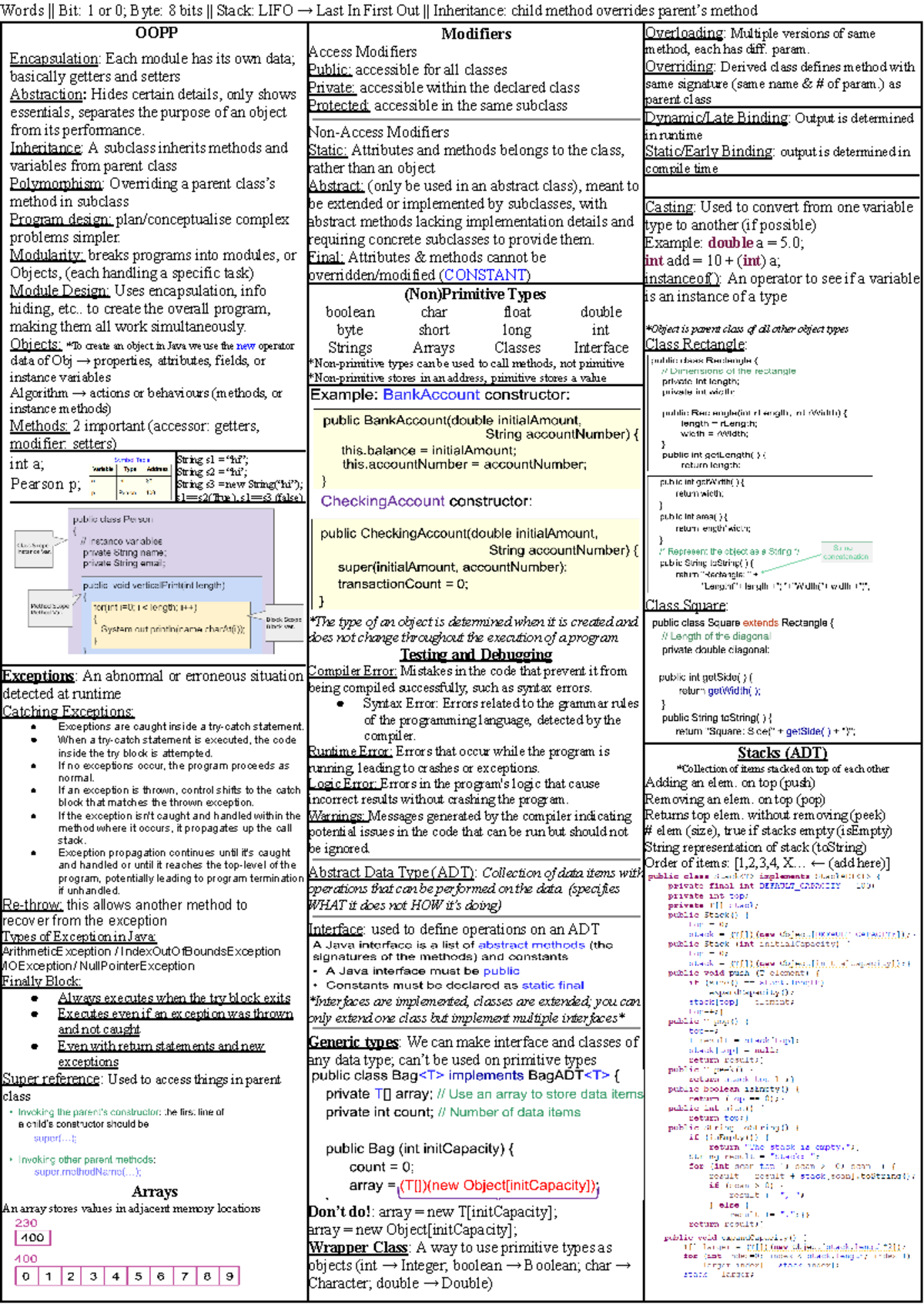 1027 Midterm Cheat Sheet - Words || Bit: 1 or 0; Byte: 8 bits || Stack ...