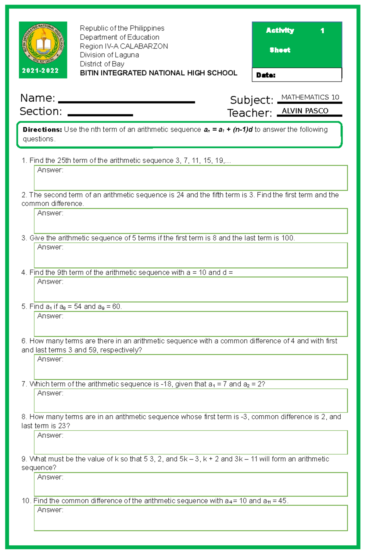 LAS-MATH 10 - Activity Sheet: Arithmetic Sequences Q1-Q10 - Studocu