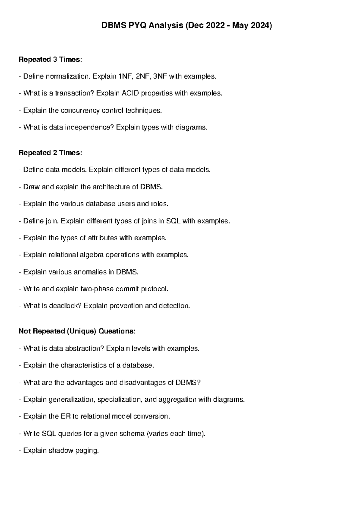 DBMS PYQ Analysis (Dec 2022 - May 2024): Normalization & Key Concepts ...