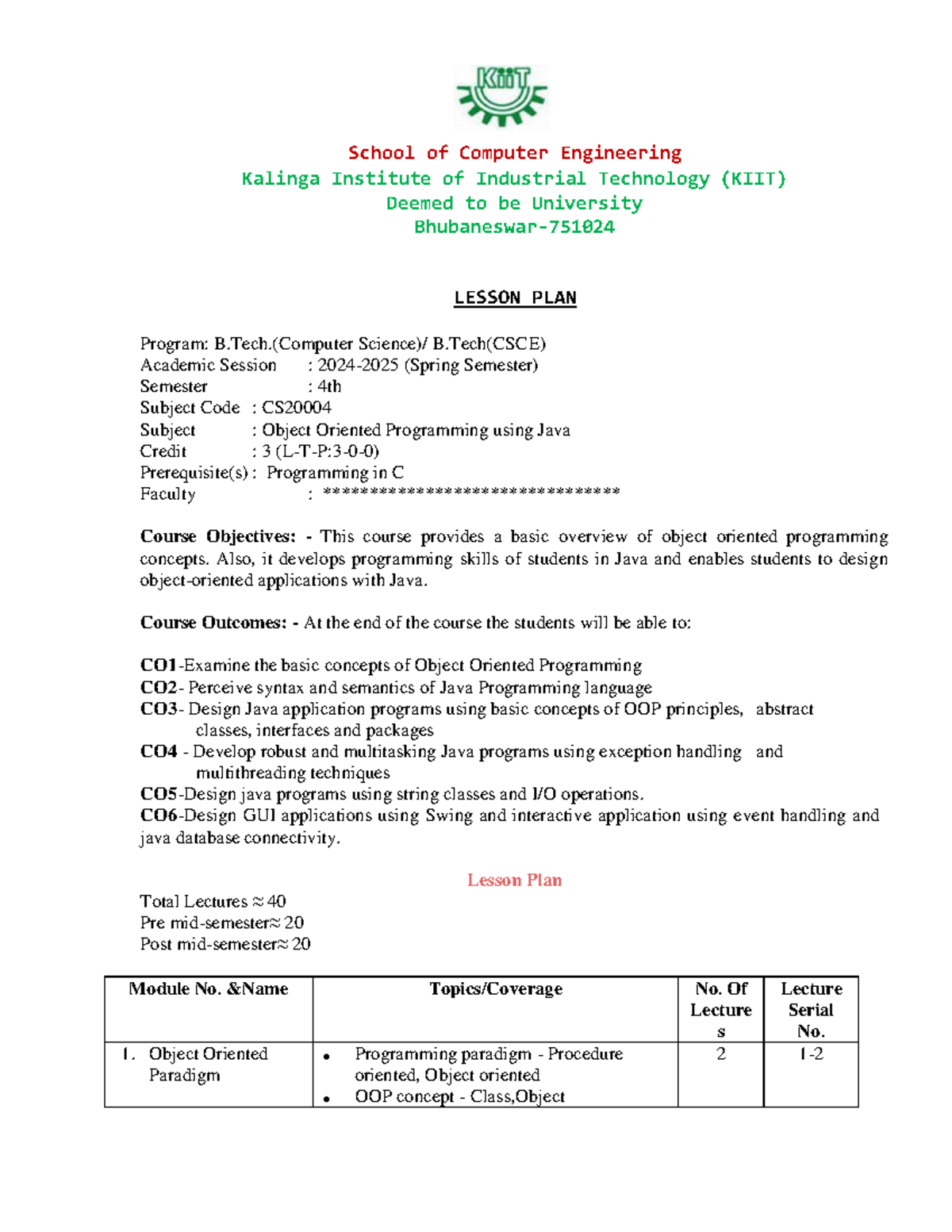 B.Tech(CSCE) 4th Sem Lesson Plan: Object Oriented Programming in Java ...