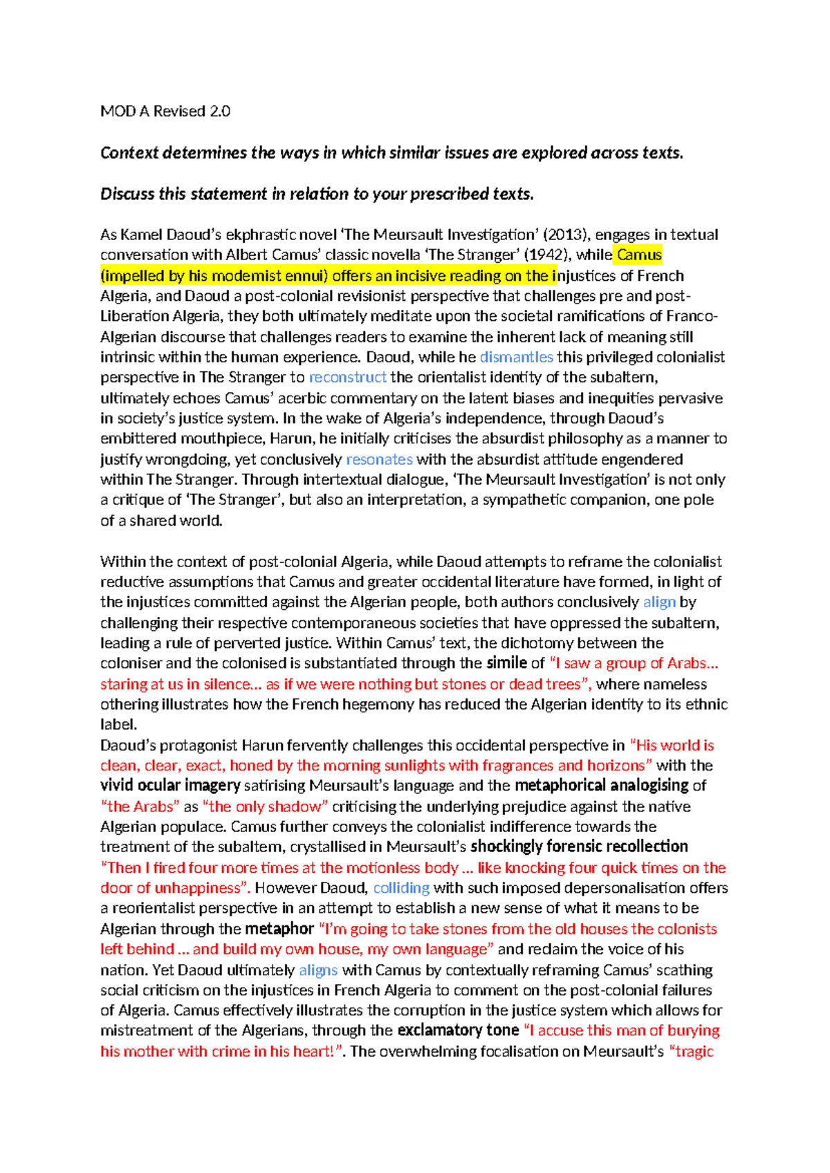 MOD A Essay: Comparative Analysis of Meursault and Daoud's Revisionist ...