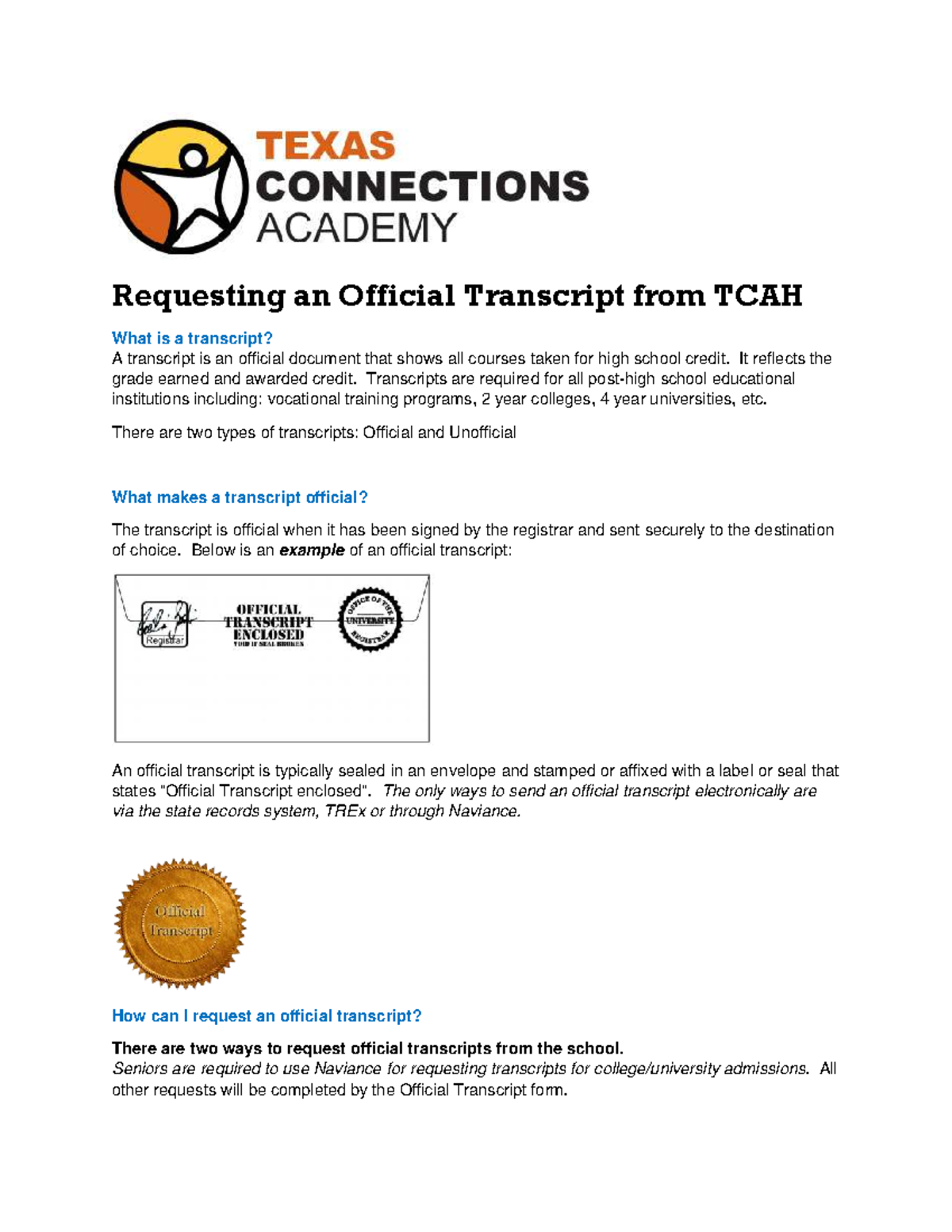 Requesting Official Transcripts from TCAH: A Guide - Studocu