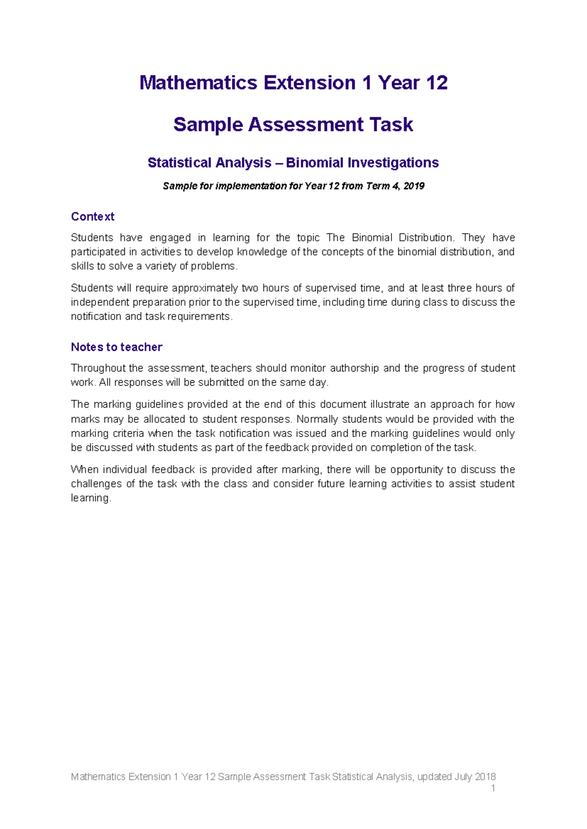 Mathematics Extension 1 Year 12 Sample Assessment Task: Binomial ...
