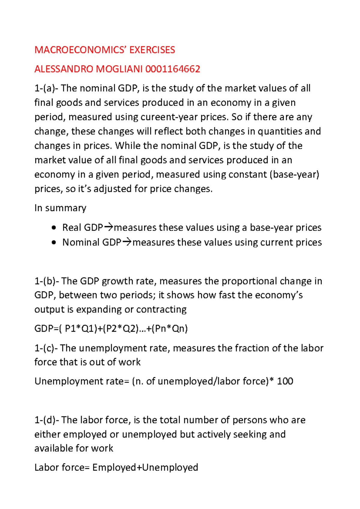 Macros Exercises: Understanding Nominal vs. Real GDP and Economic Indicators - Studocu