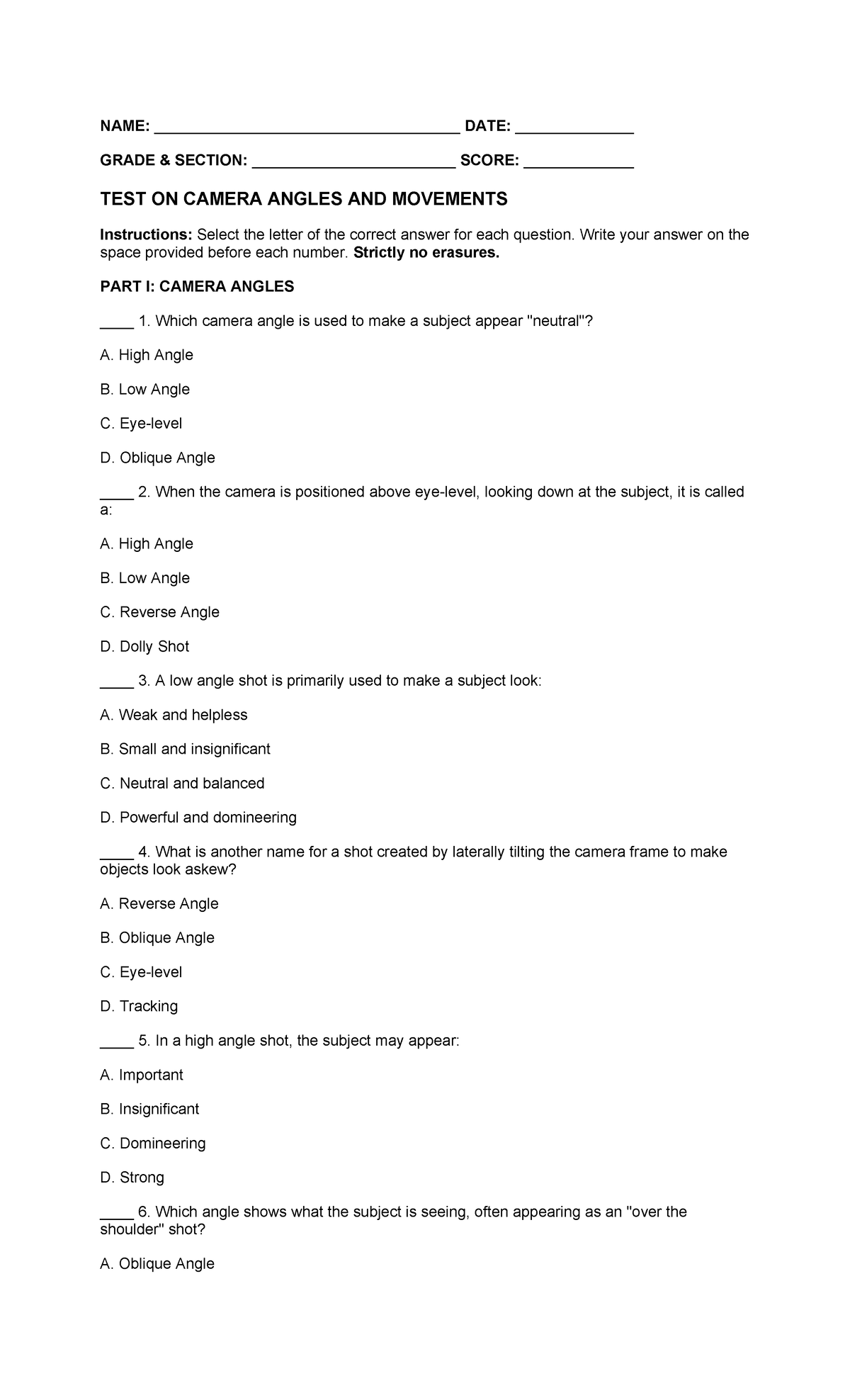 Camera Angles and Movements Test (Summative 1) - Studocu