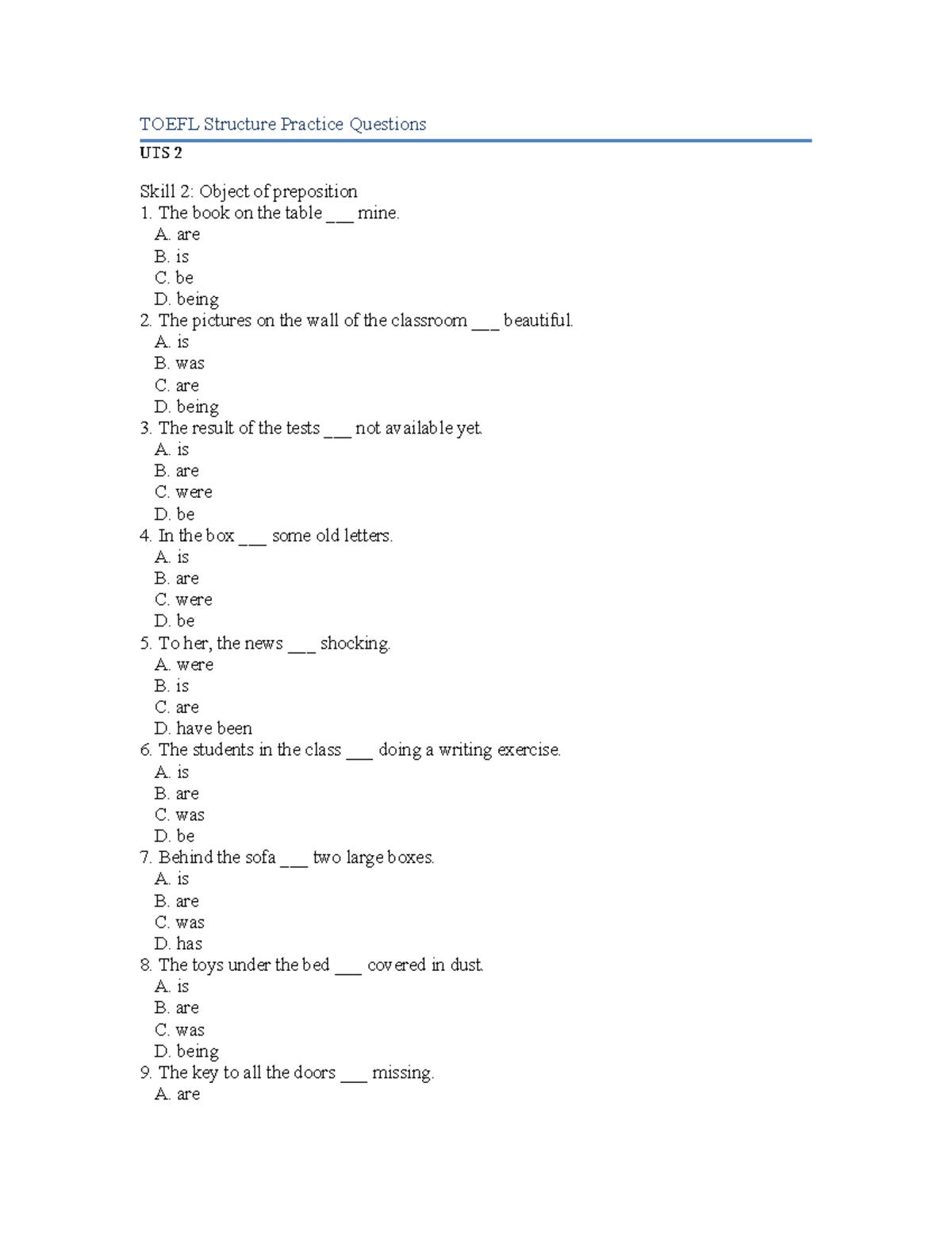 TOEFL Structure Practice Questions UTS 2: Object of Preposition - Studocu