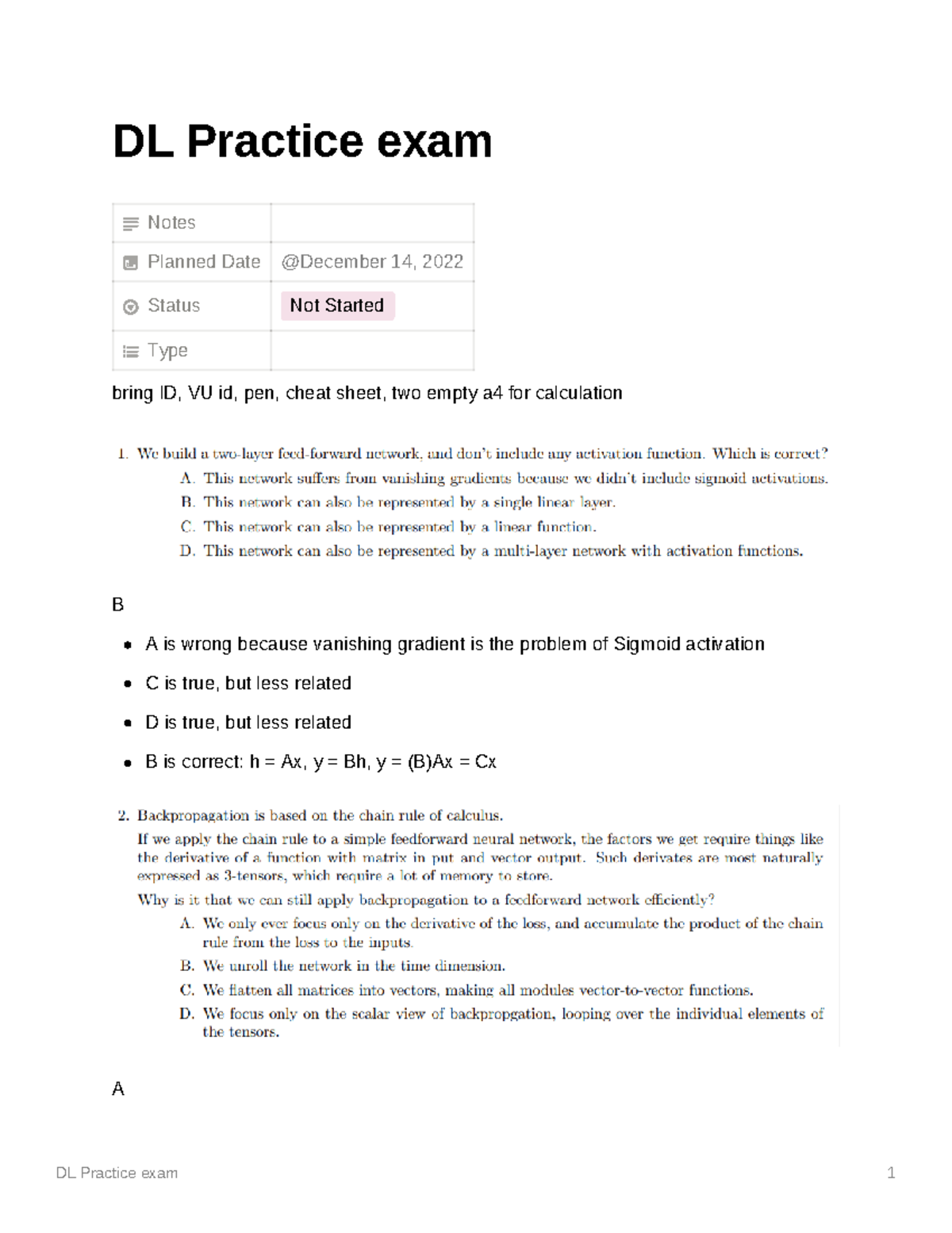 DL 2022 Final Practice Exam - Notes and Guidelines - Studeersnel