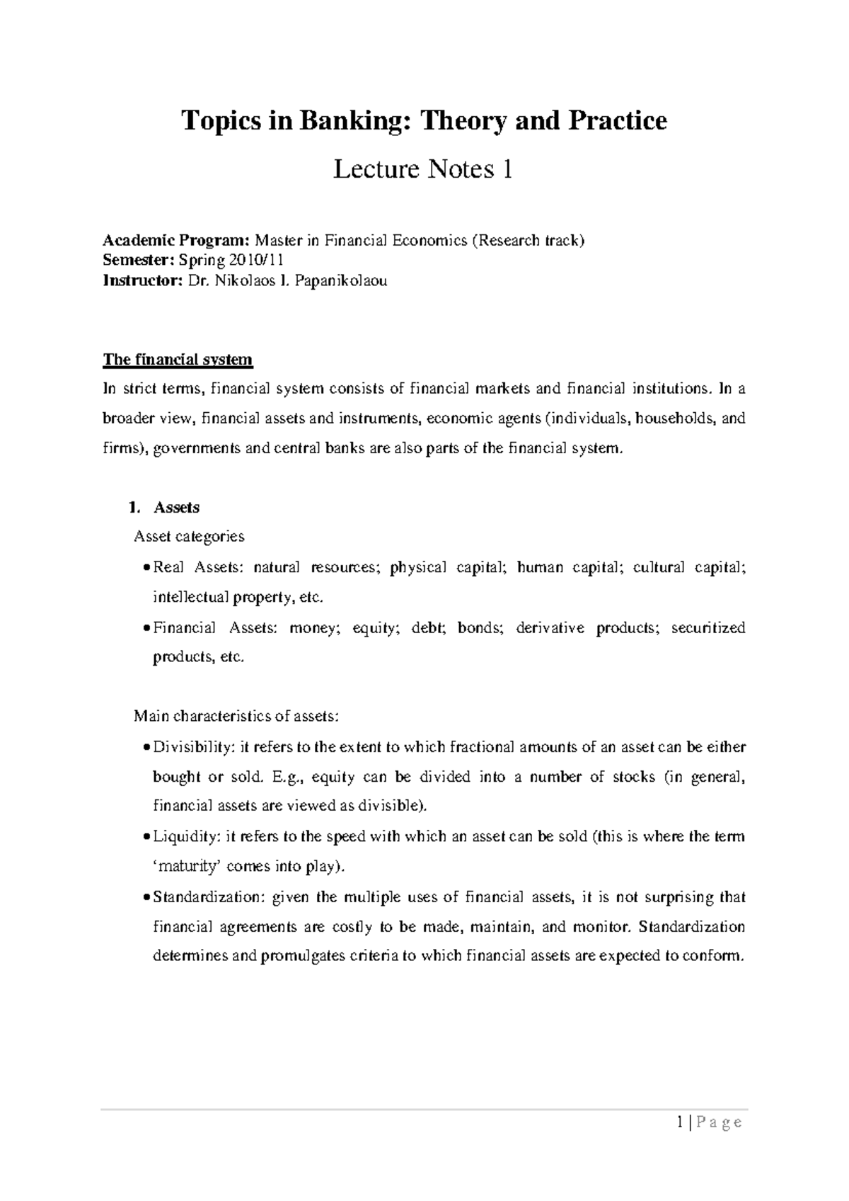 Lecture-notes-1 - Introduction of Banking - Topics in Banking: Theory ...