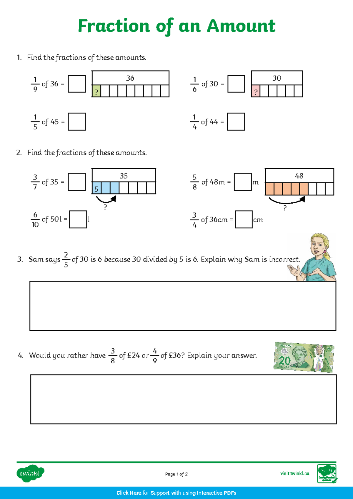 Fractions of an Amount Worksheet - Fraction of an Amount Click Here for ...