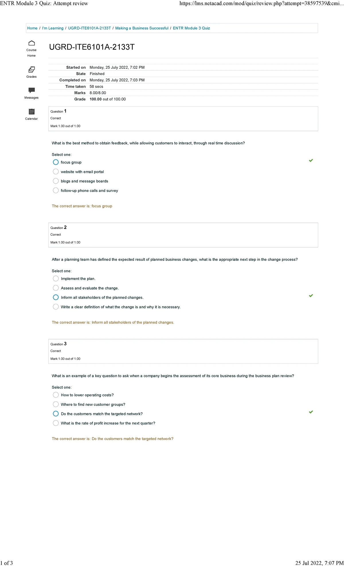 ENTR Module 7 Quiz Attempt review - Home / I'm Learning / UGRD-ITE6101A ...