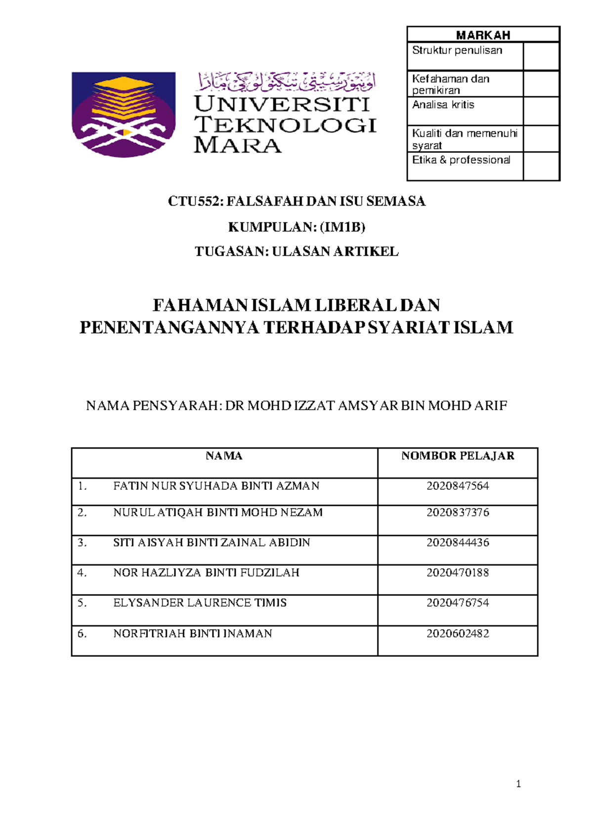 CTU552 Ulasan Artikel: Fahaman Islam Liberal dan Penentangannya - Studocu