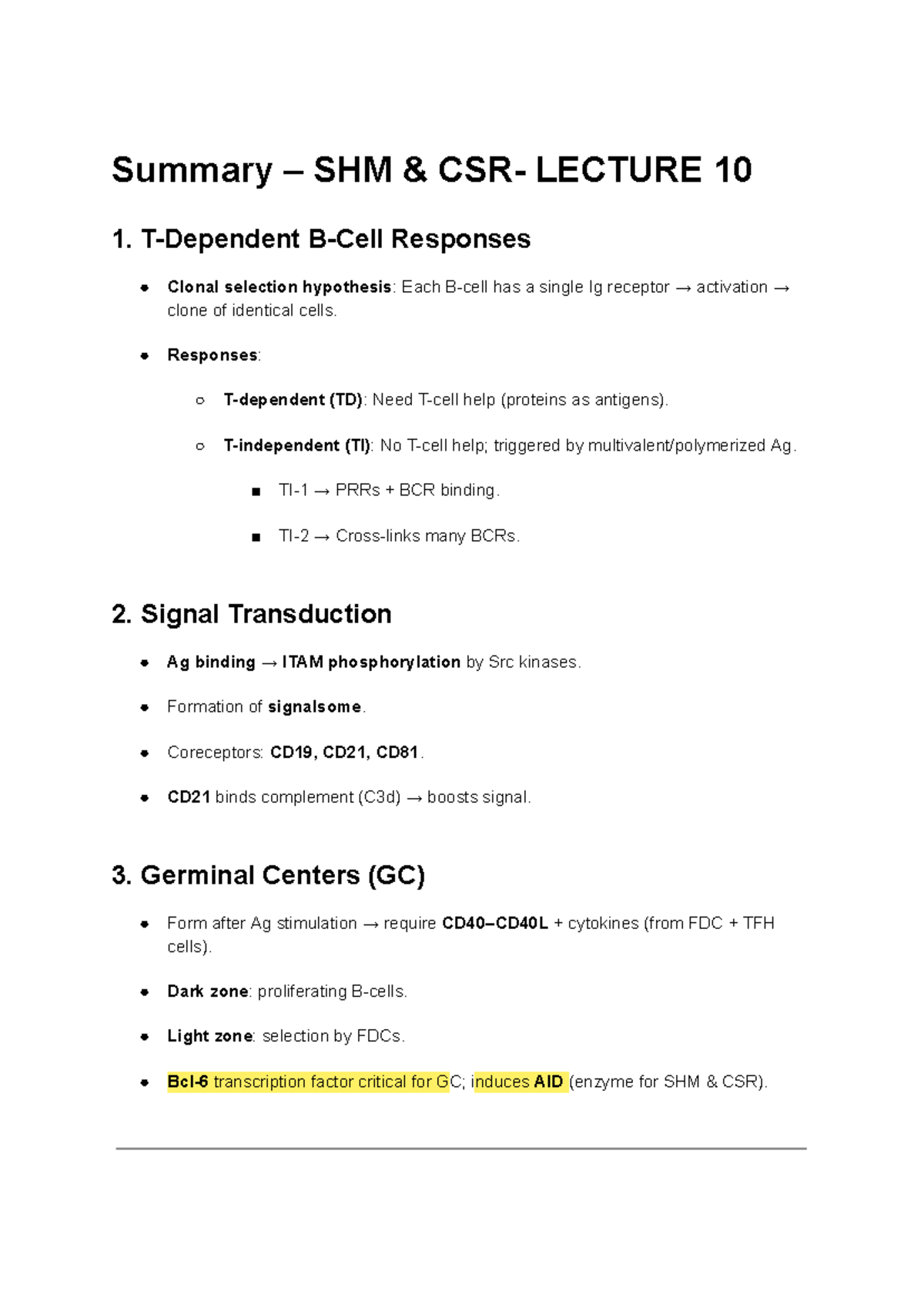 BCM368 Lecture 10 Summary: Clonal Selection & SHM Insights - Studocu