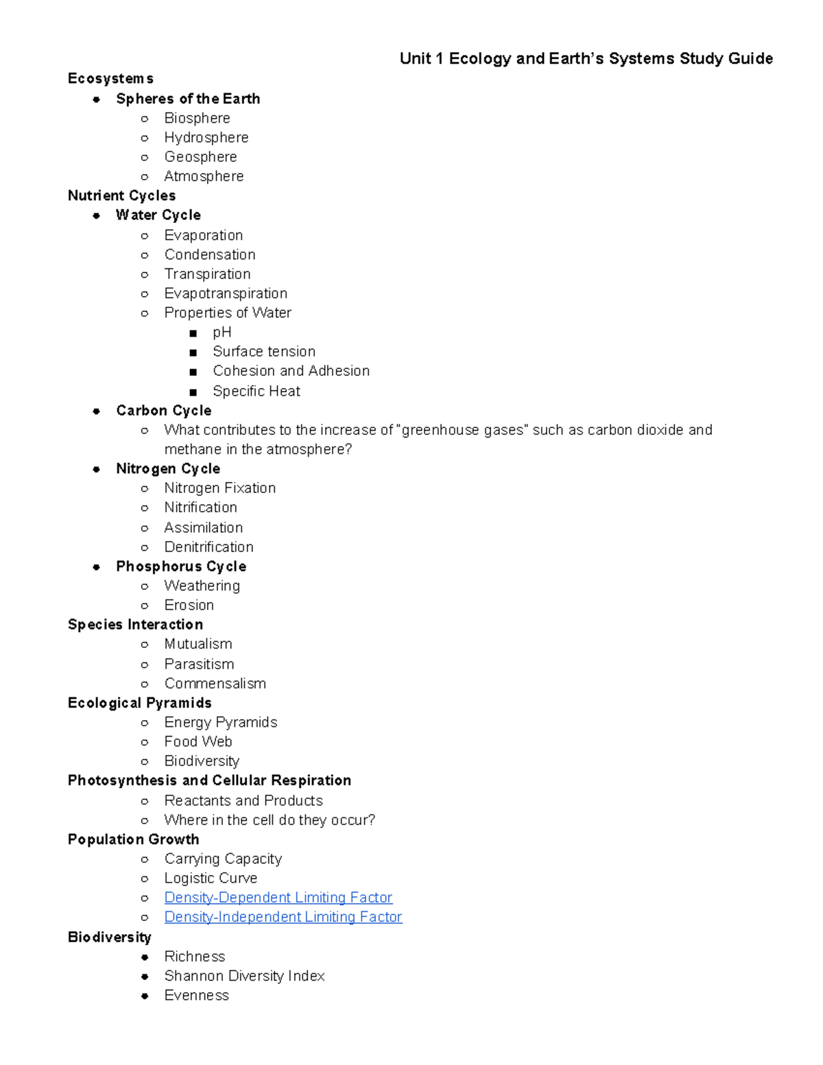 Unit 1 Ecology and Earth’s Systems Study Guide (Bio 101) - Unit 1 ...