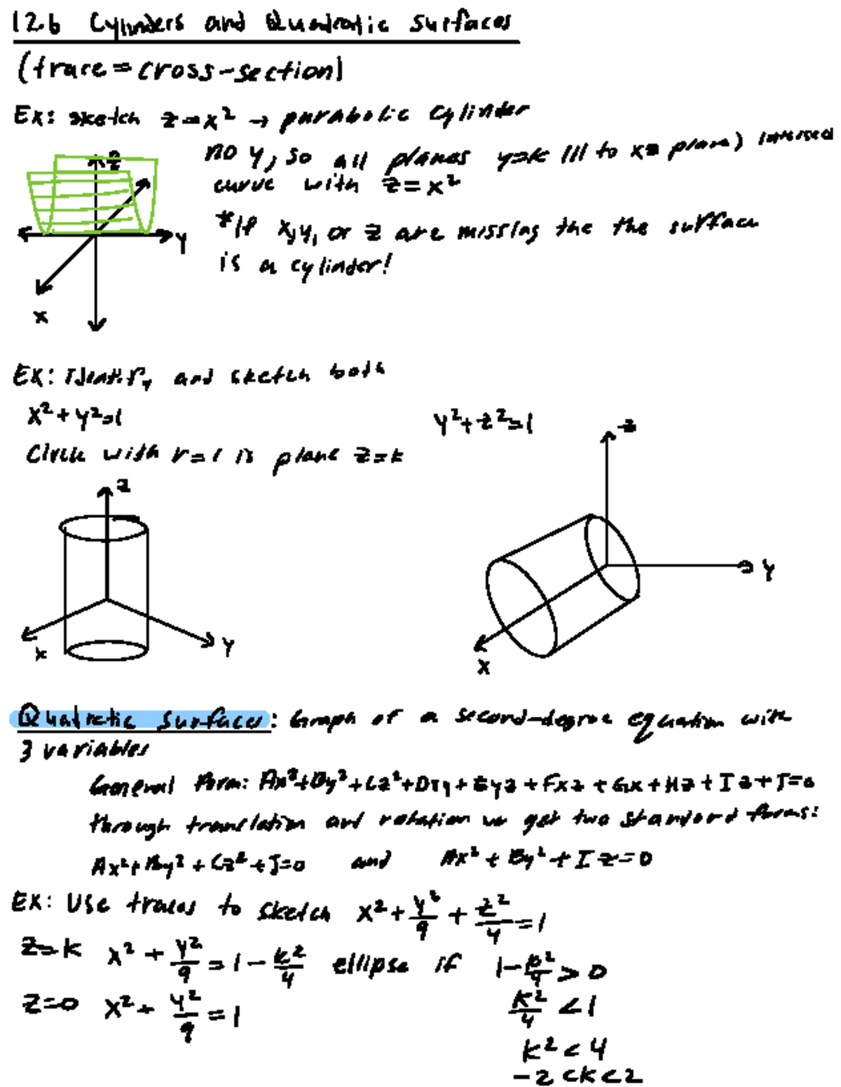 12.6 Cylinders and Quadratic Surfaces: Key Concepts and Sketches - Studocu