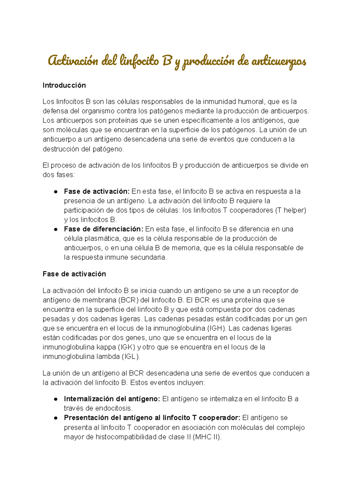 Activación del linfocito B y producción de anticuerpos - Activació de linfocit B producció - Studocu