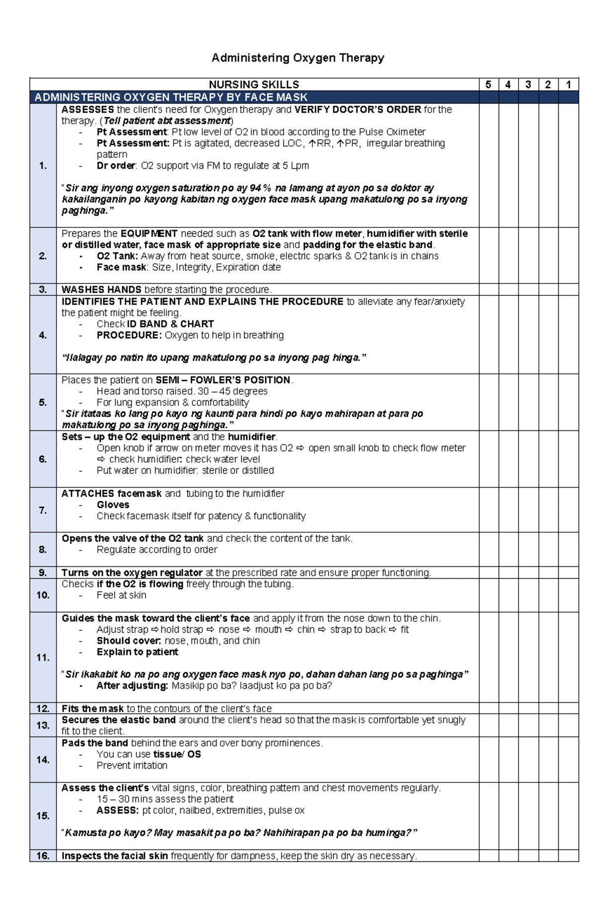 NURSING 7: Oxygen Therapy Performance Evaluation Checklist - Studocu