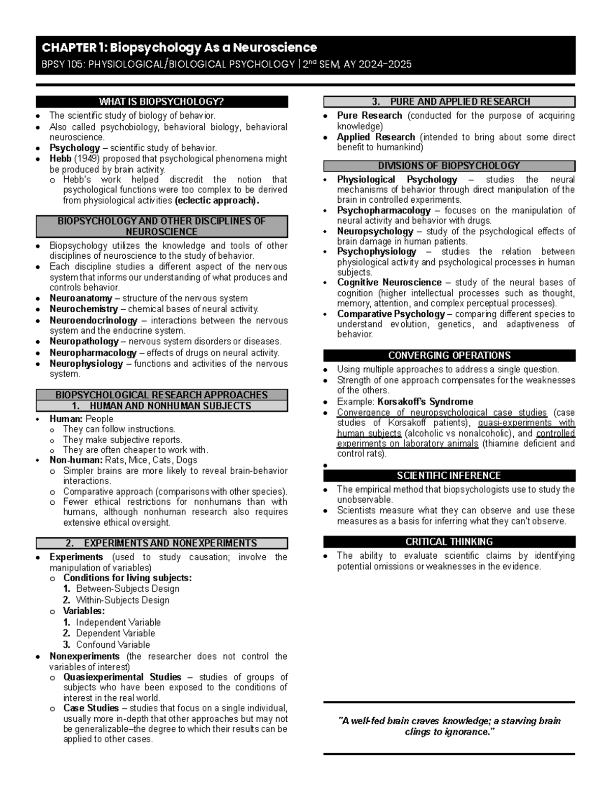 Physio/Bio Psychology - CHAPTER 1: Biopsychology As a Neuroscience BPSY ...