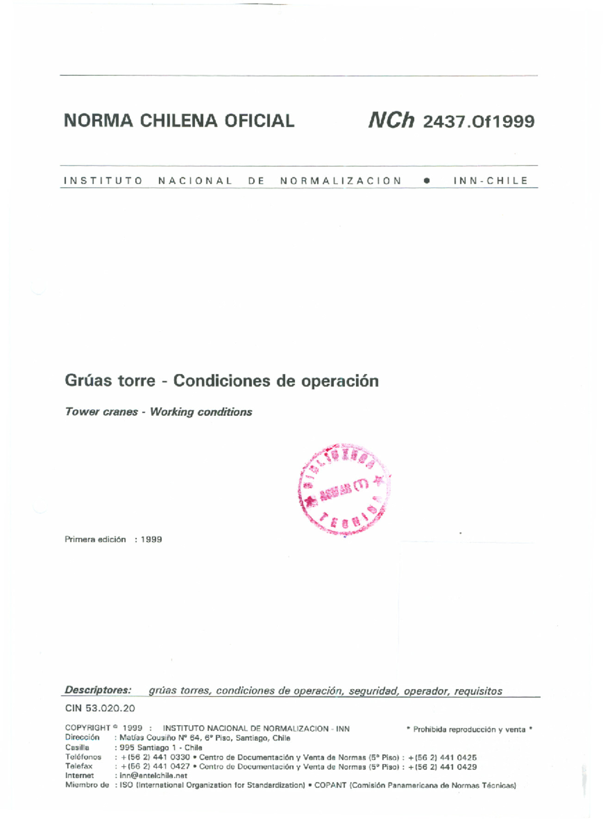 NCH 2437 Gruas Torre - Condiciones DE Operacion - NORMA CHILENA OFICIAL ...